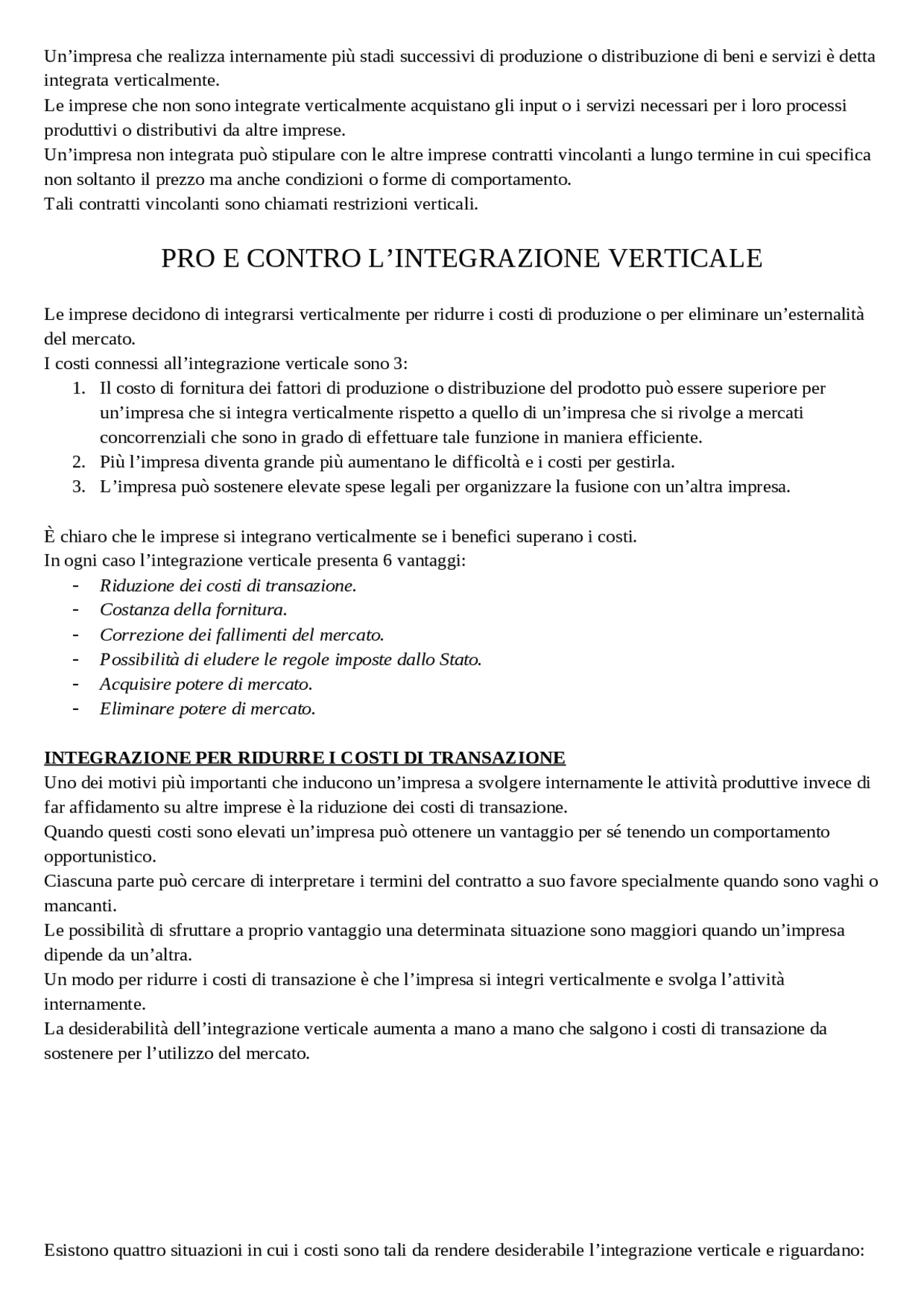 Riassunto sull integrazione verticale | Sintesi del corso di Economia ...