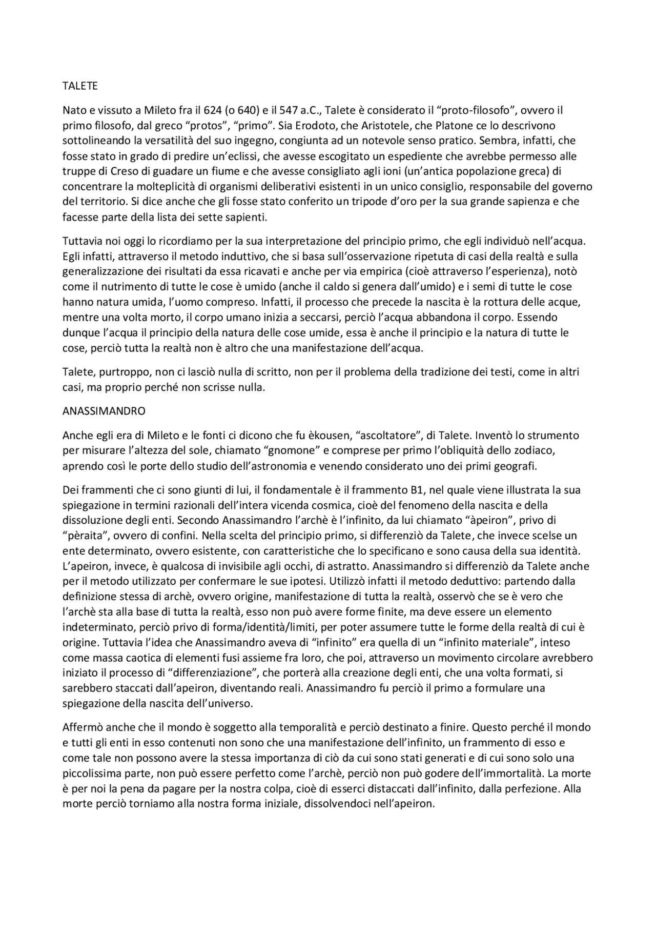 Talete Anassimandro E Anassimene Docsity