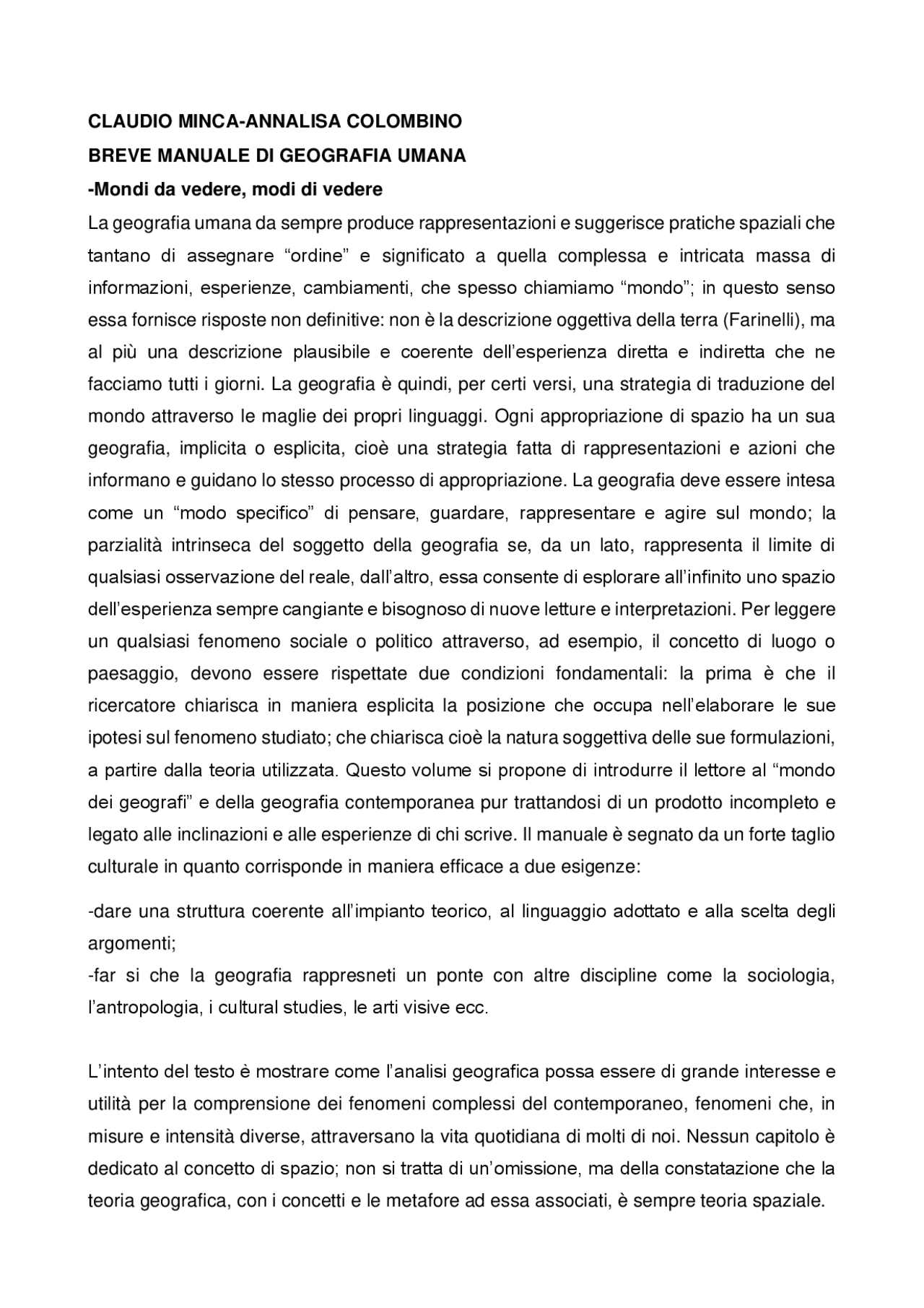 Riassunto Di Breve Manuale Di Geografia Umana Docsity