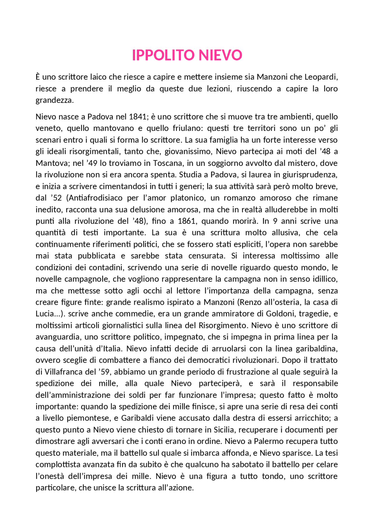 Ippolito Nievo Le Confessioni Di Un Italiano Docsity