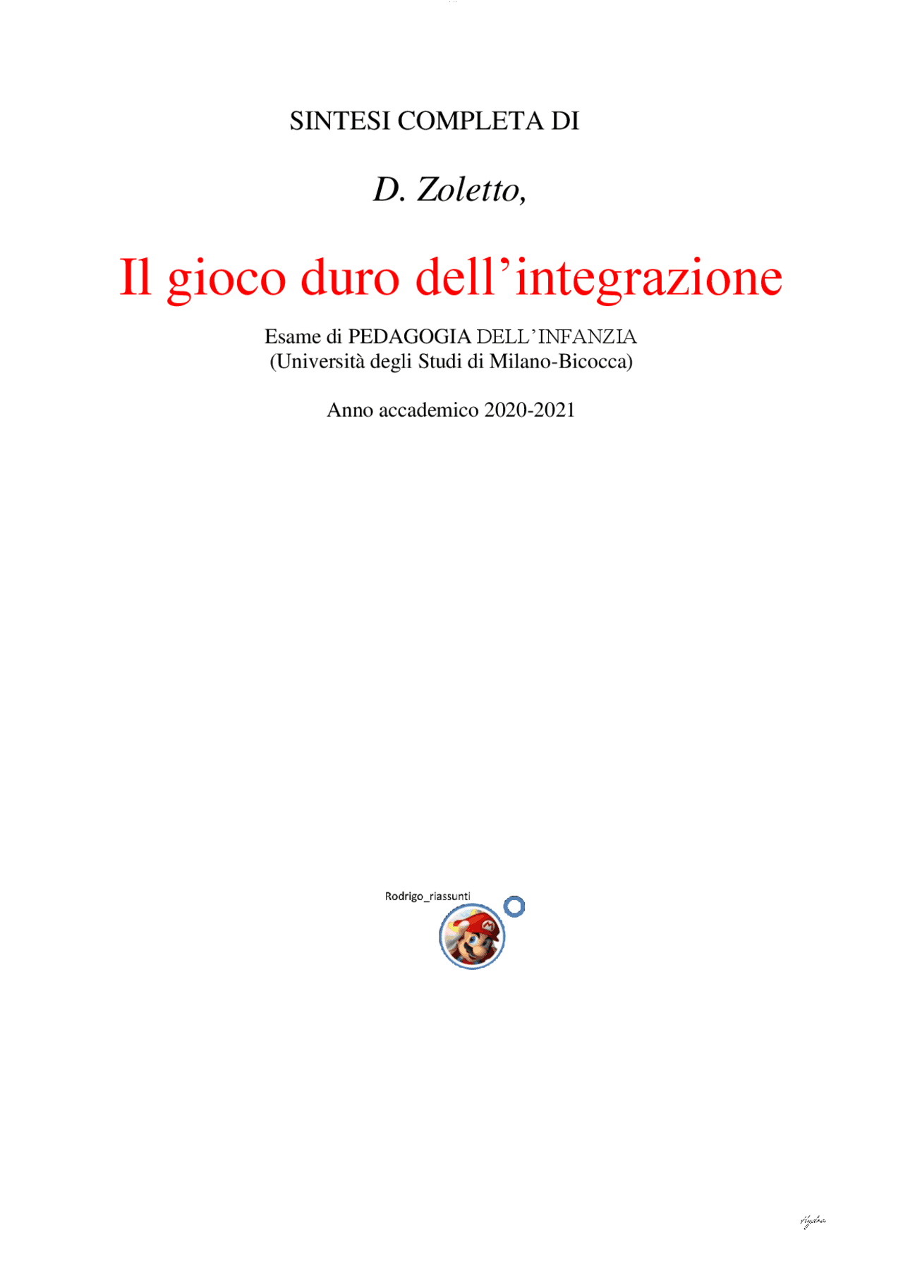 D Zoletto Il Gioco Duro Dellintegrazione Riassunto Docsity