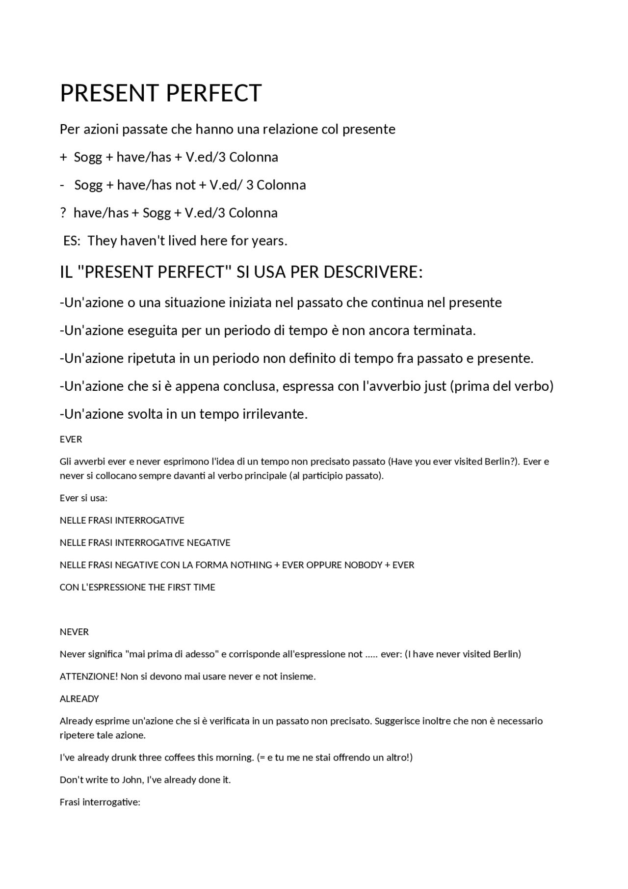 Present perfect inglese per verifiche - Docsity