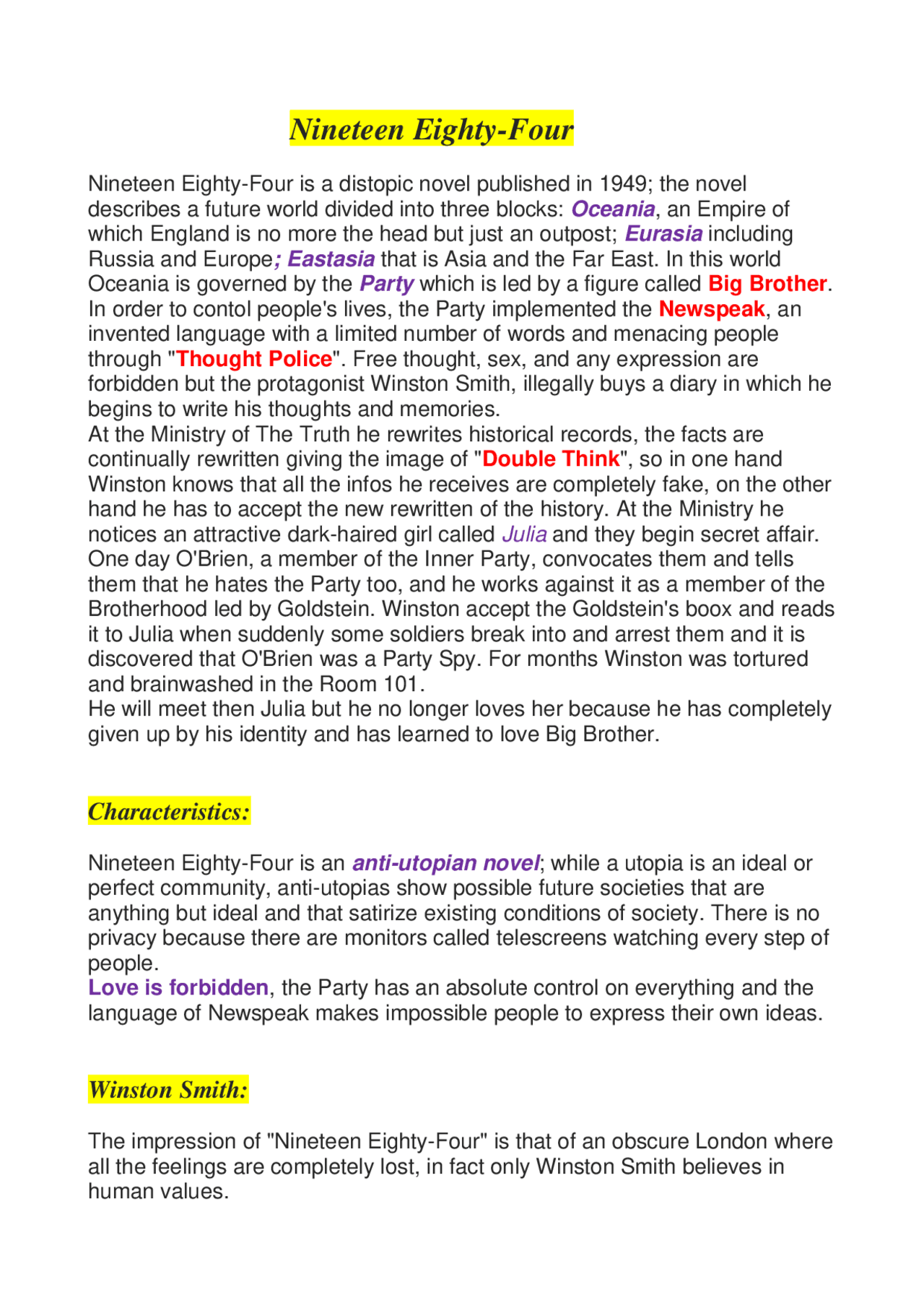 Nineteen eighty-four by Orwell - Docsity