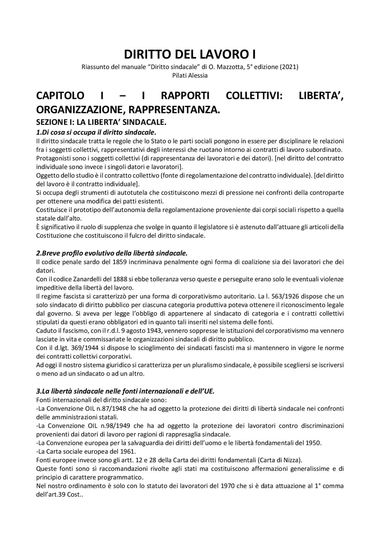Riassunto Del Manuale Diritto Sindacale Docsity