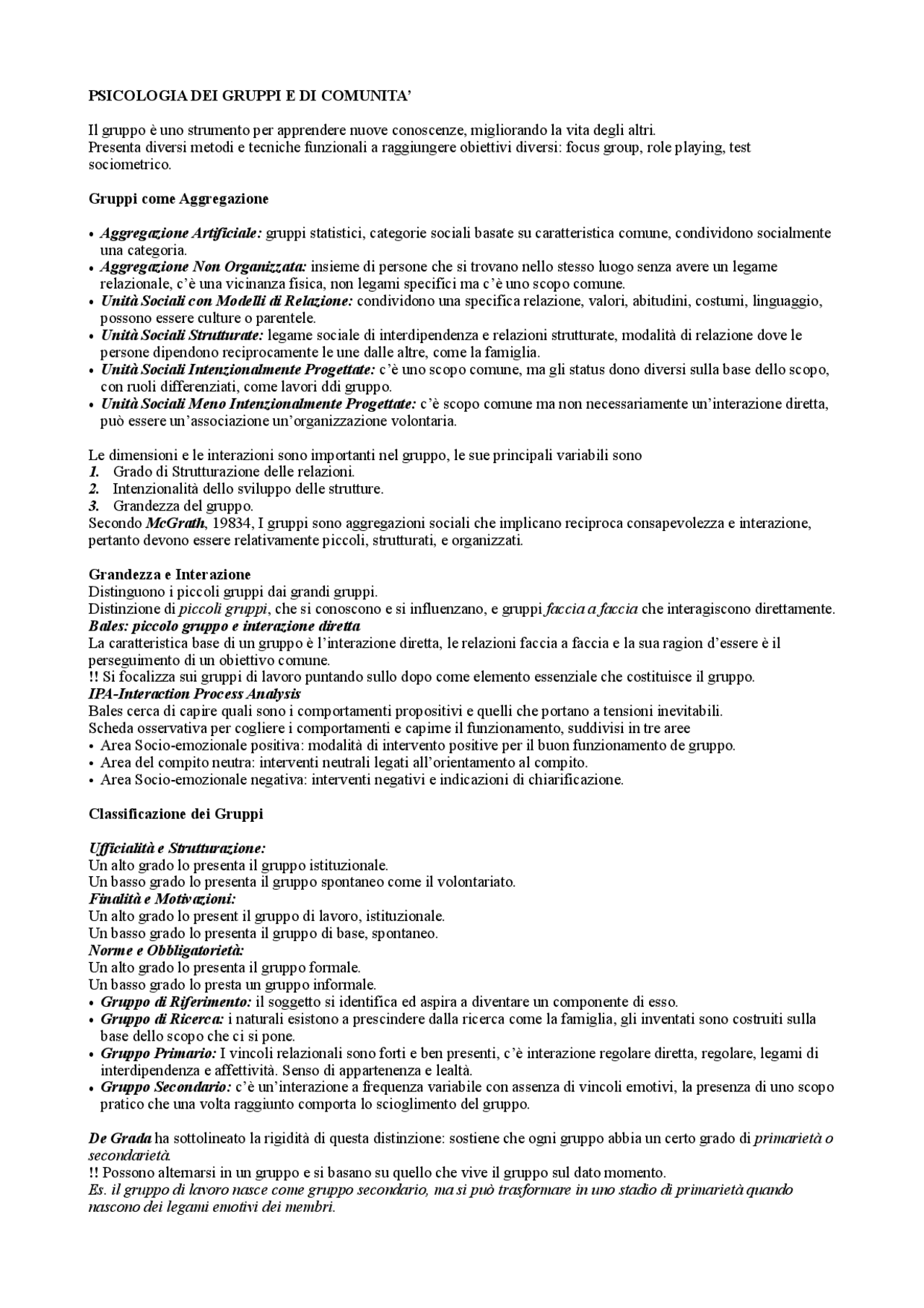 Psicologia Dei Gruppi E Di Comunità Docsity