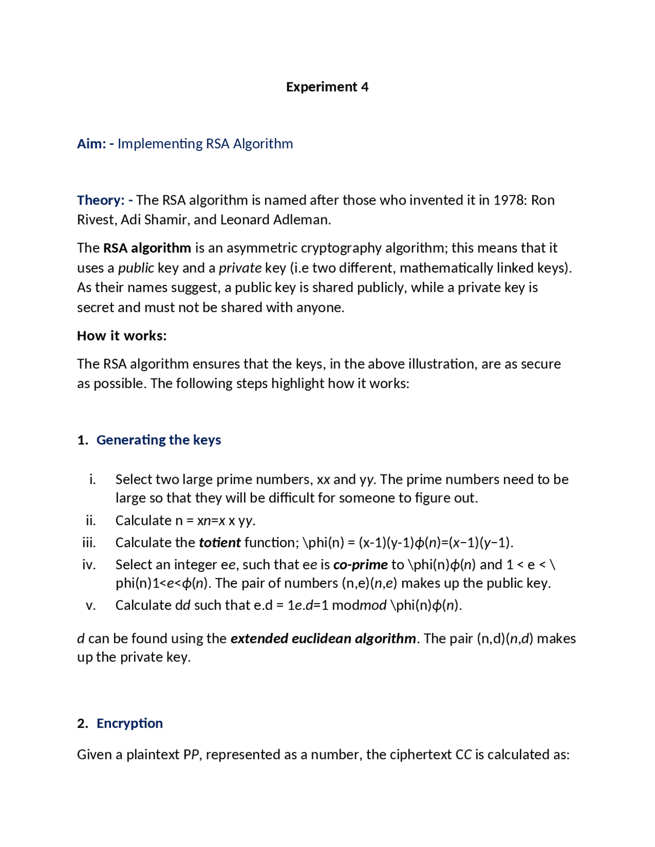 Implementing Rsa Algorithm Docsity