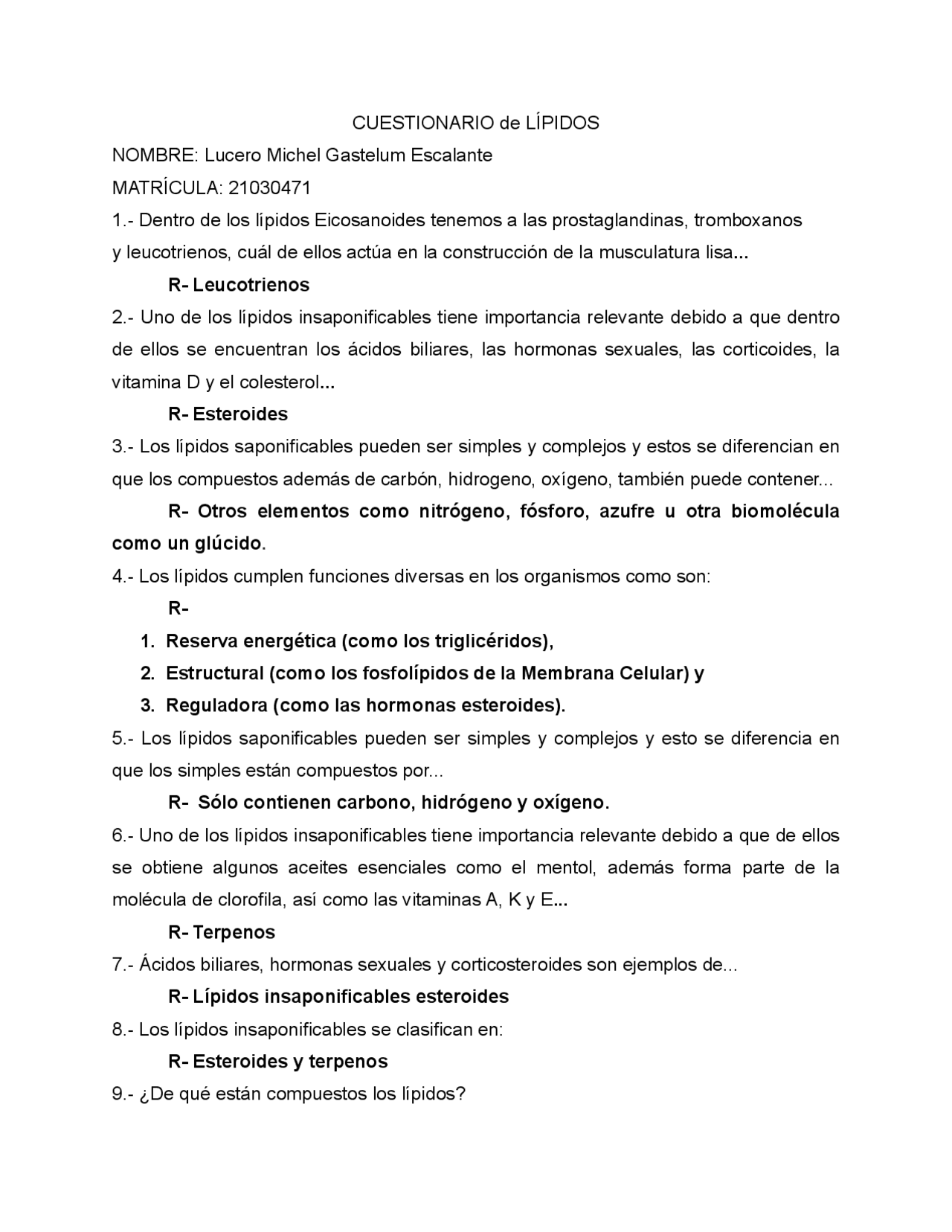 Cuestionario De Lípidos Docsity