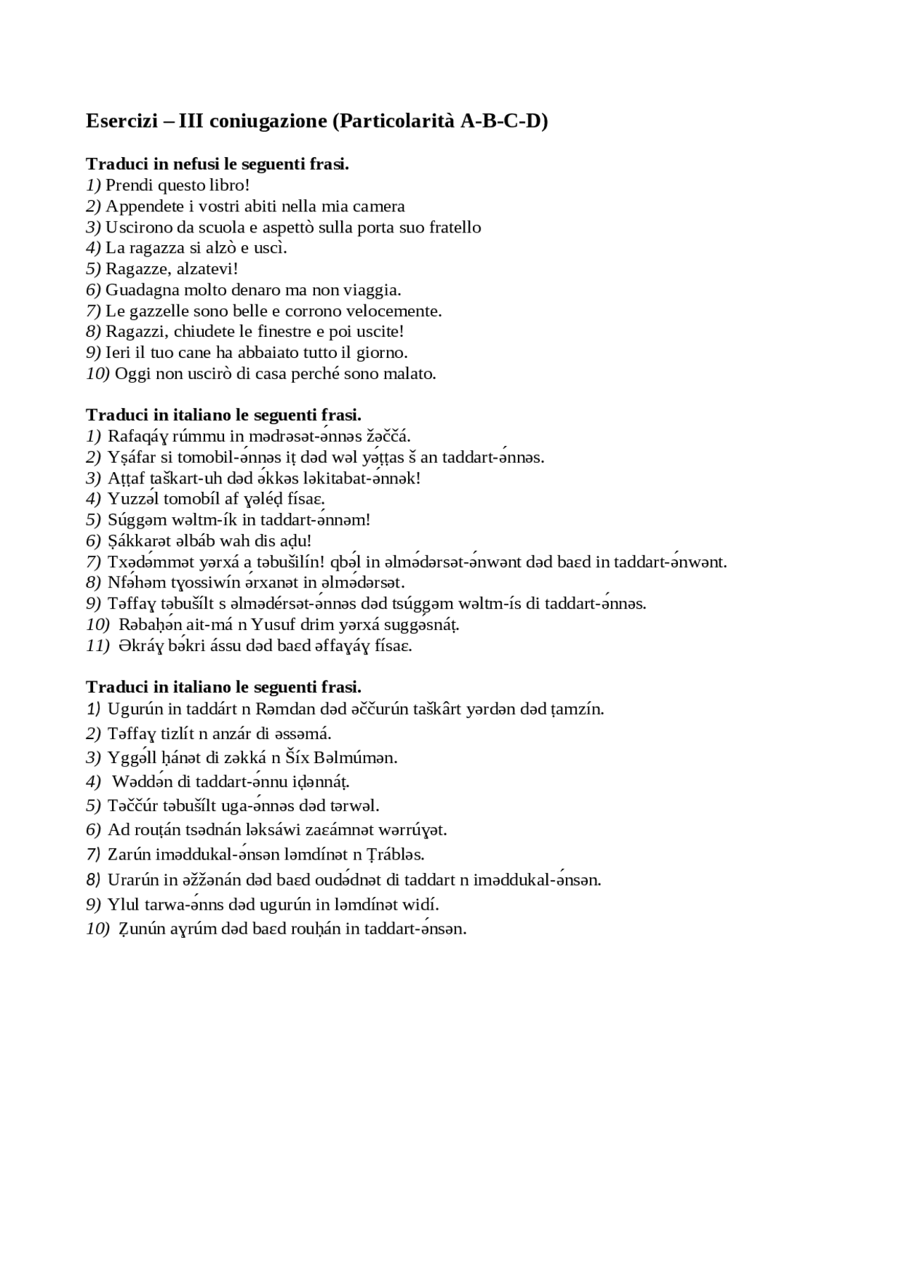 Verbo Aoristo Verbi Berberi Docsity