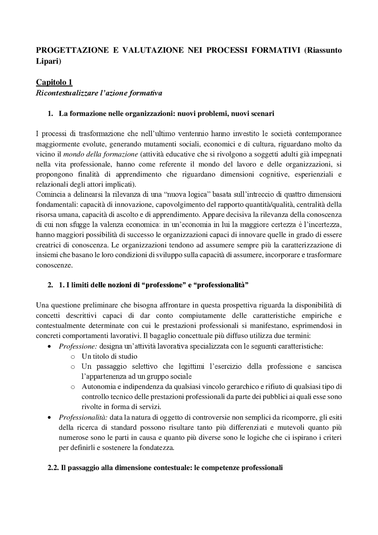 Progettazione E Valutazione Nei Processi Formativi Lipari Docsity