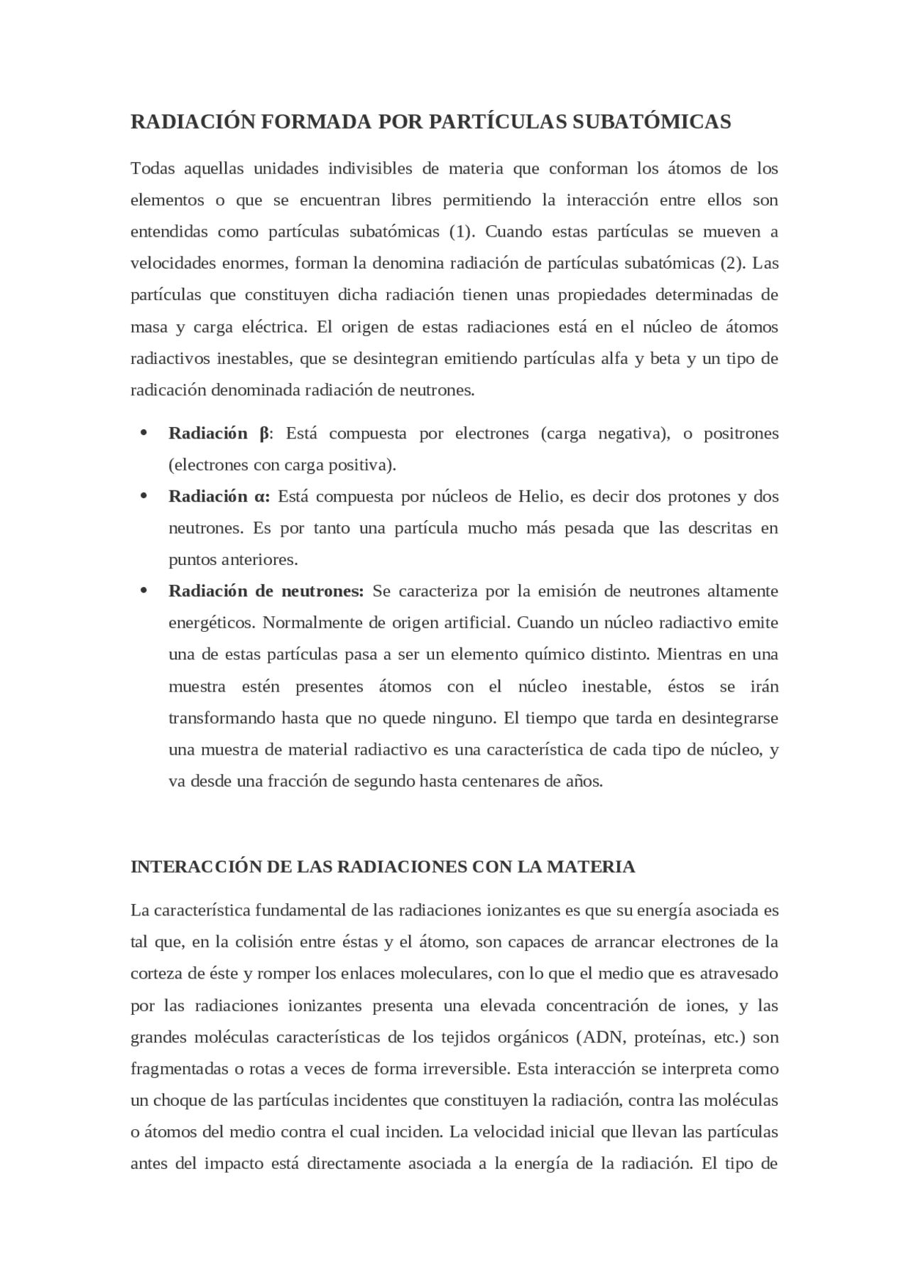 Radiacion formada por particulas subatomicas - Docsity