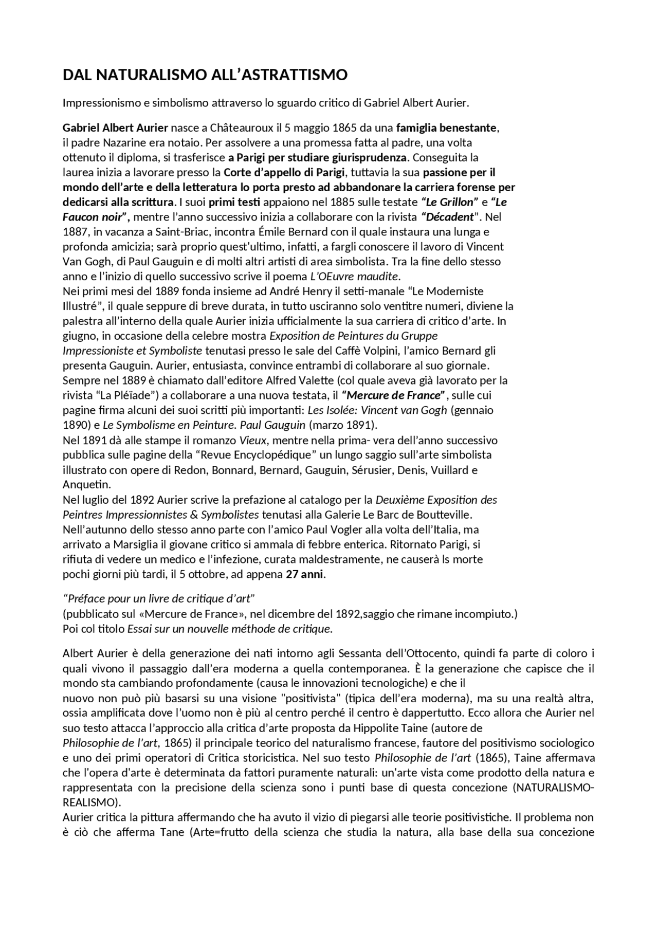 Dal Naturalismo all'Astrattismo- Gabriel Albert Aurier - Docsity
