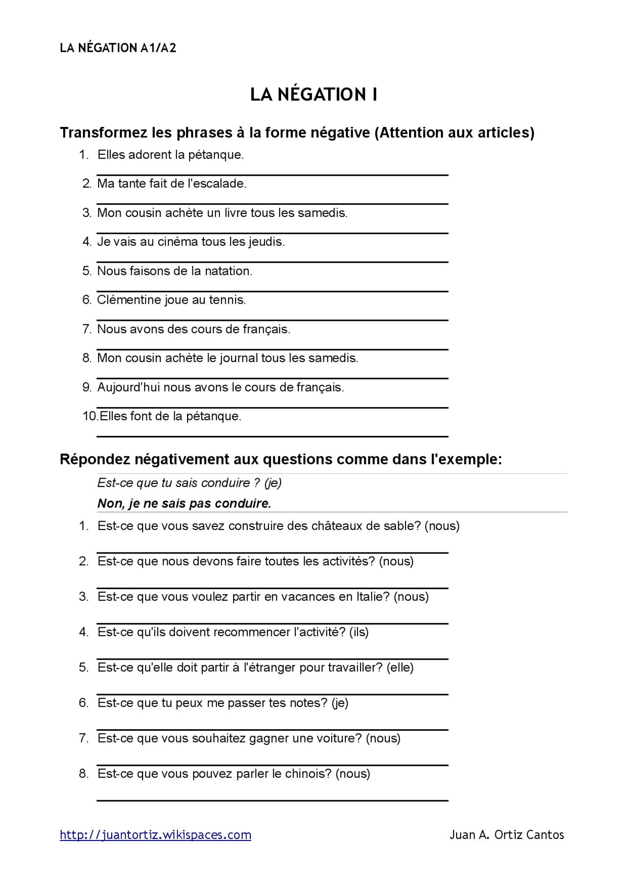 La negation frances bachillerato | Apuntes de Francés | Docsity