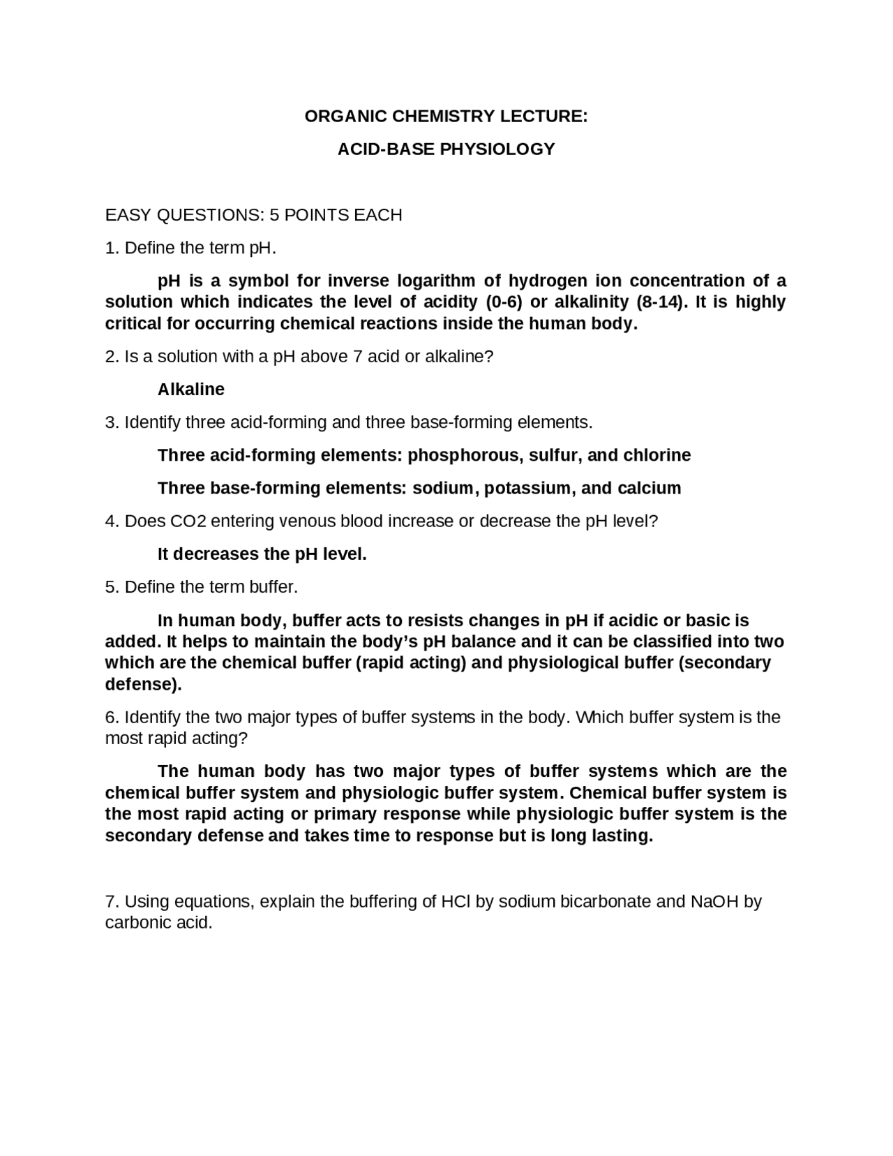 Acid Base Balance In Human Physiology Answers And Questions Docsity