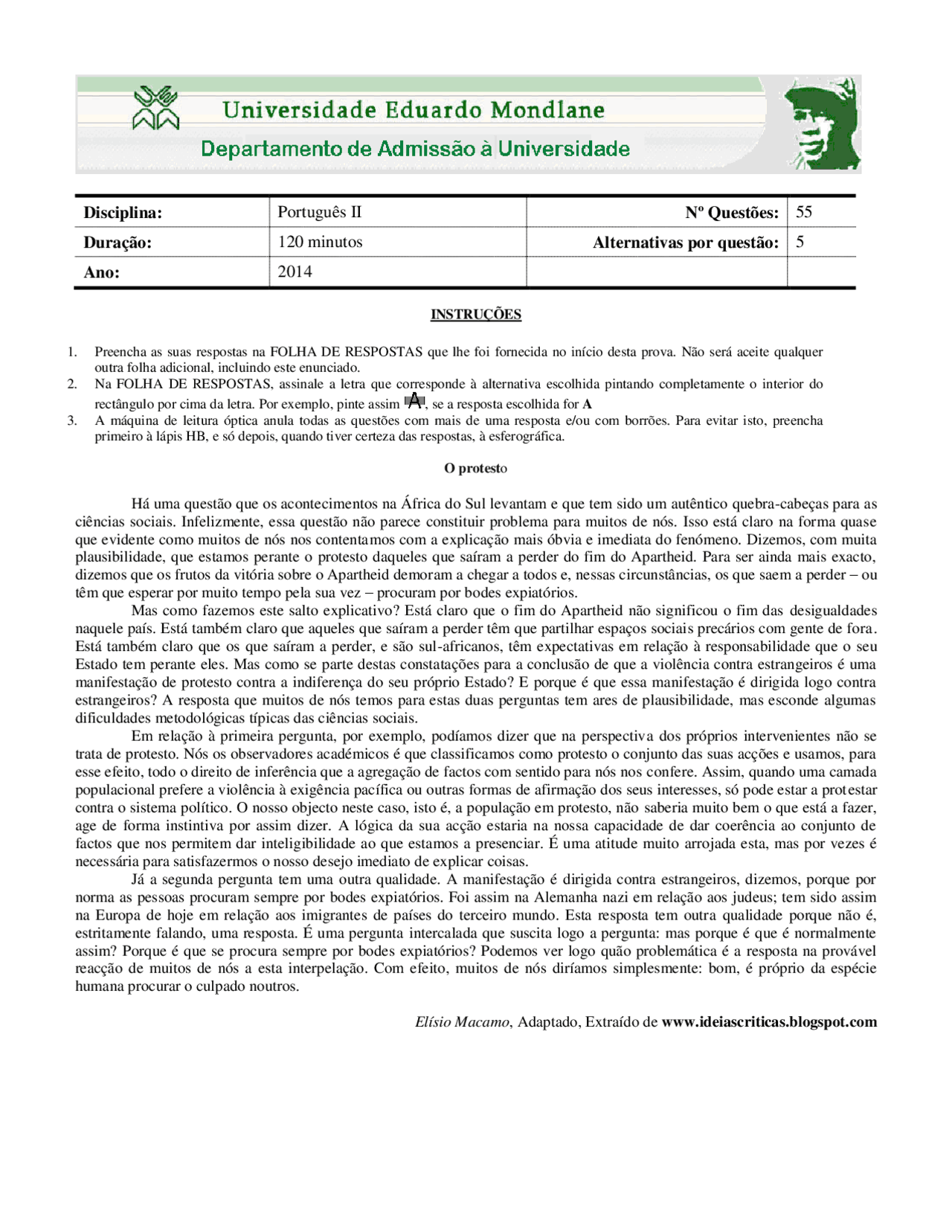 Exames de admissão para Universidade Eduardo Mondlane | Provas Língua ...