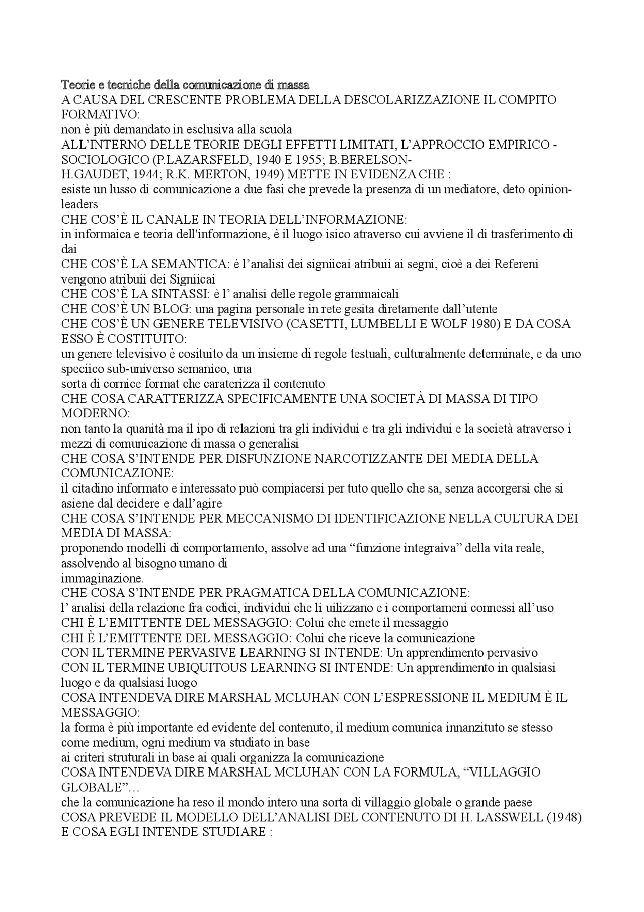 Esami Teorie E Tecniche Della Comunicazione Di Massa Prove Desame Di