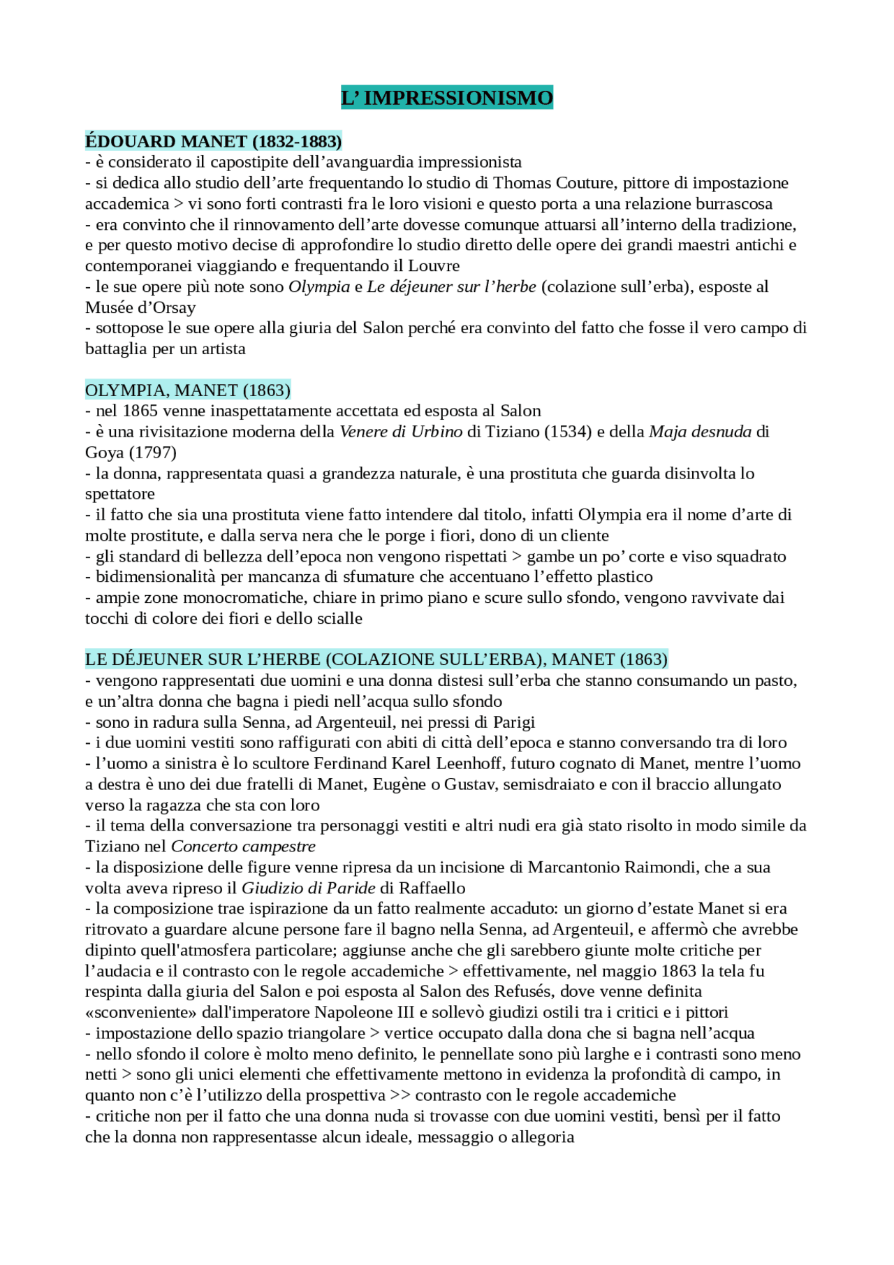 Limpressionismo Di Manet Monet E Degas Docsity