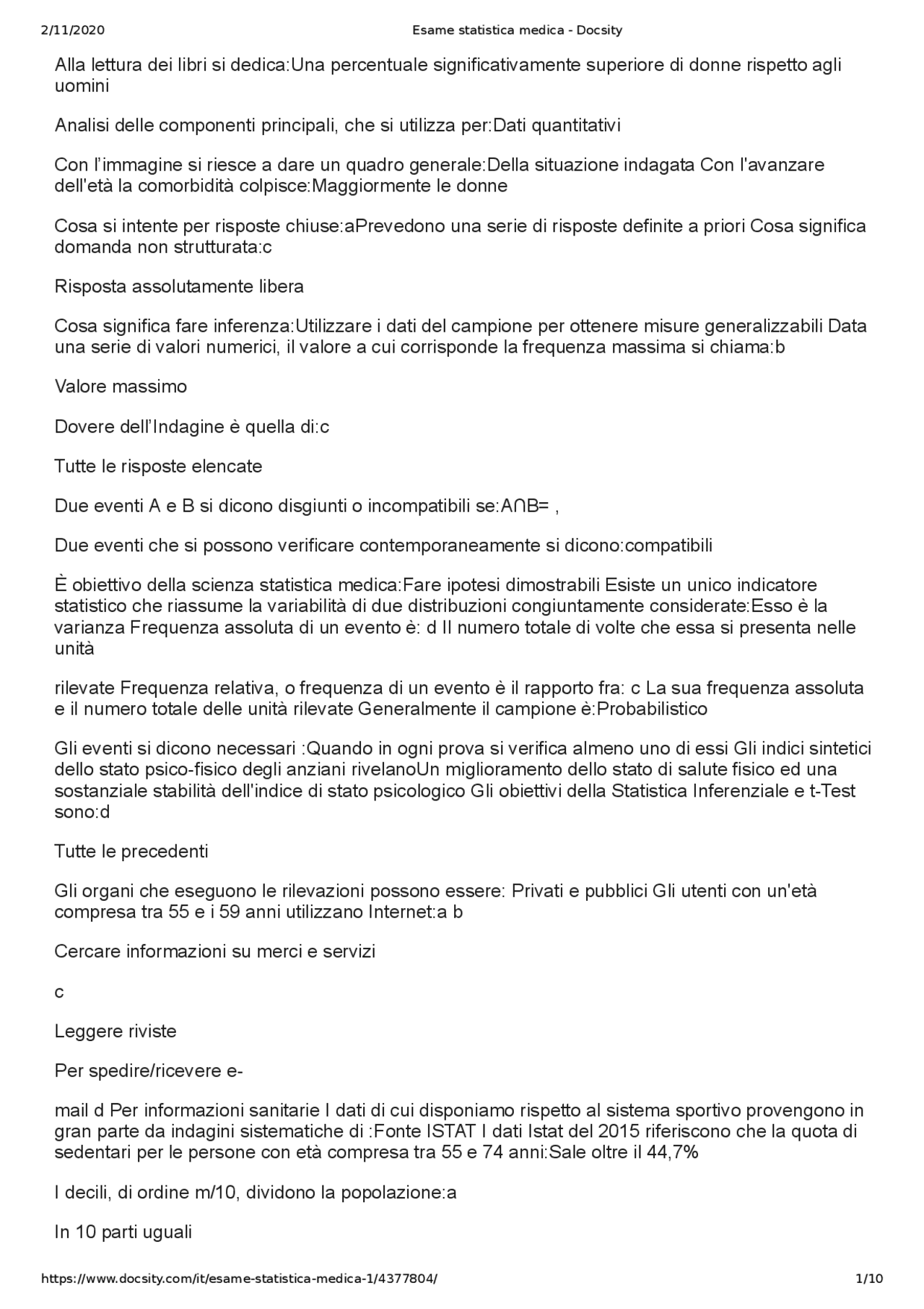 Domande Esame Statistica Medica Docsity