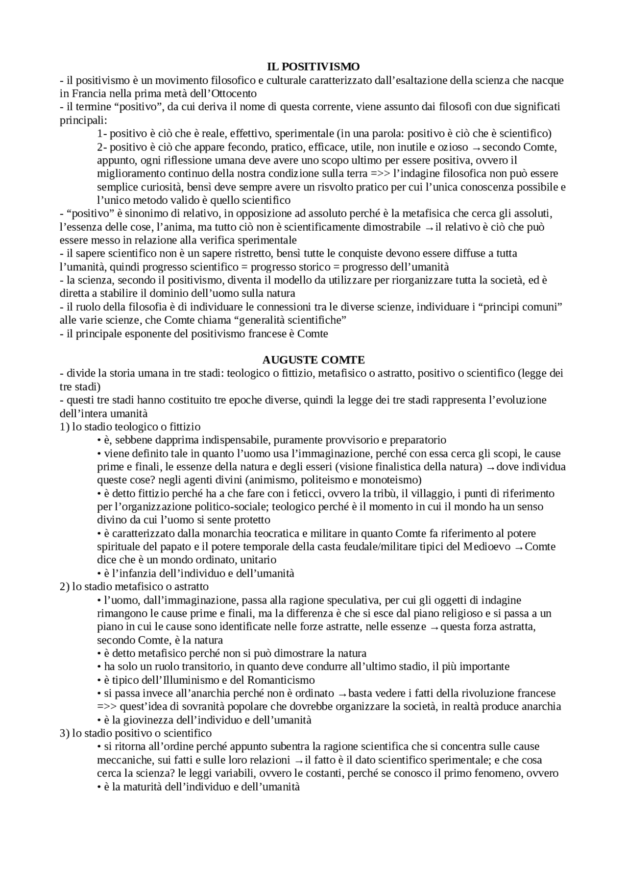 Il positivismo francese di Comte - Docsity