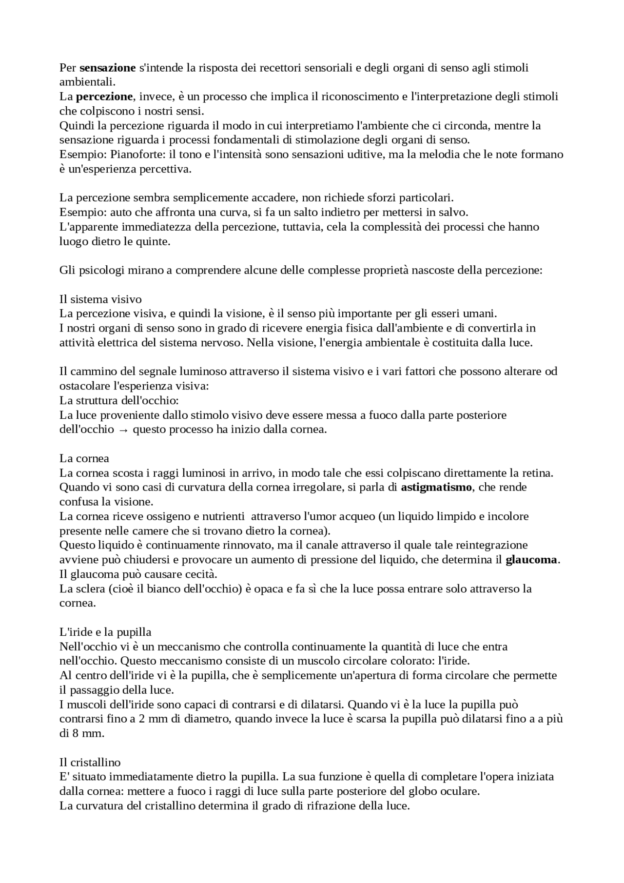 La Percezione Riassunto Libro Docsity