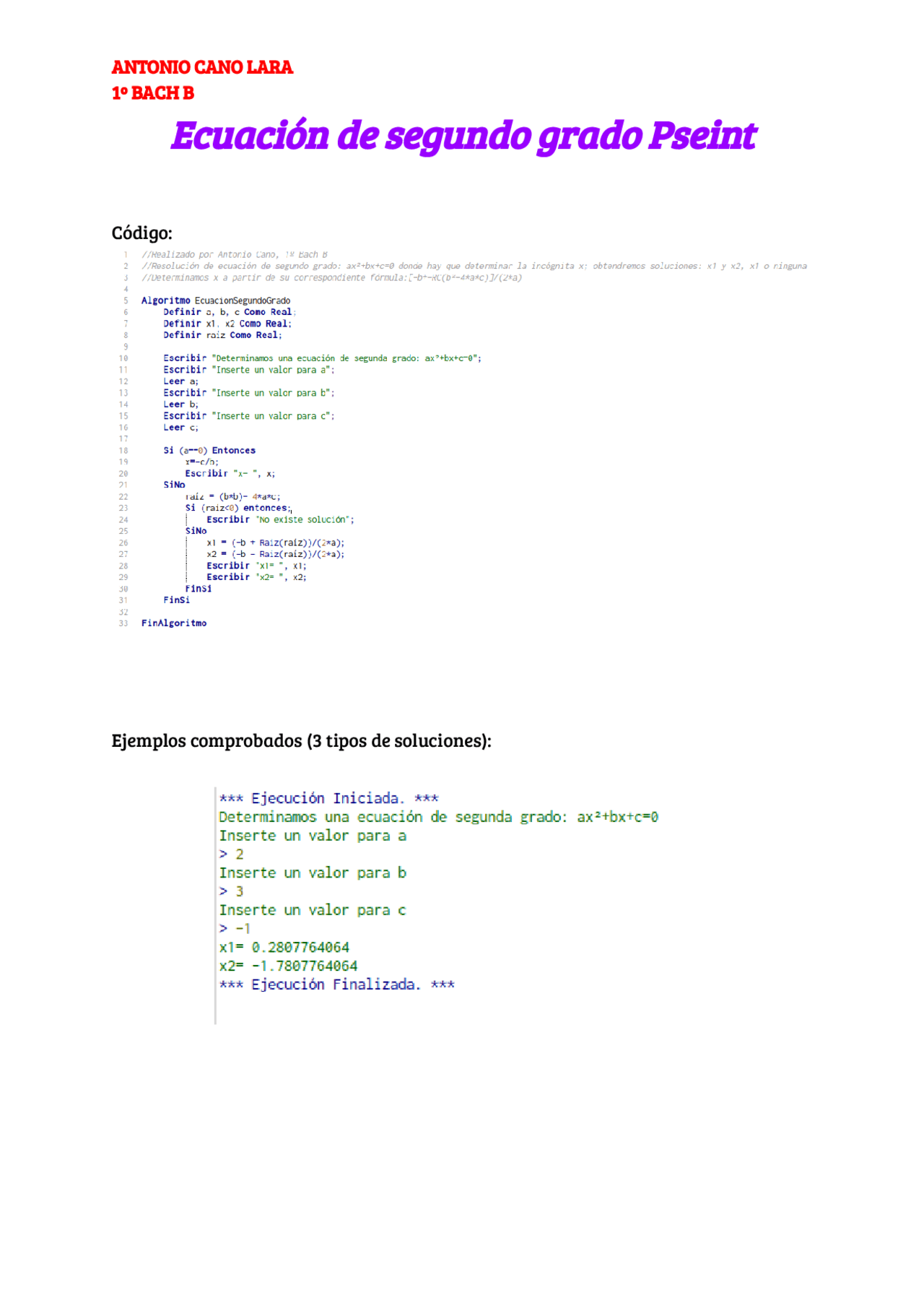 Programación Ecuación de Segundo Grado en Pseint | Ejercicios de Informática | Docsity