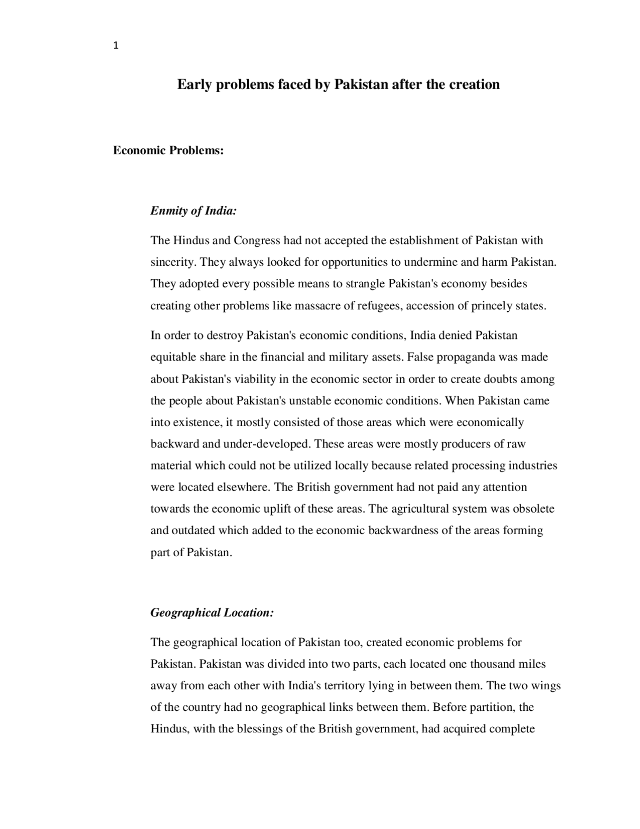 Early problems faced by Pakistan after the creation - Docsity