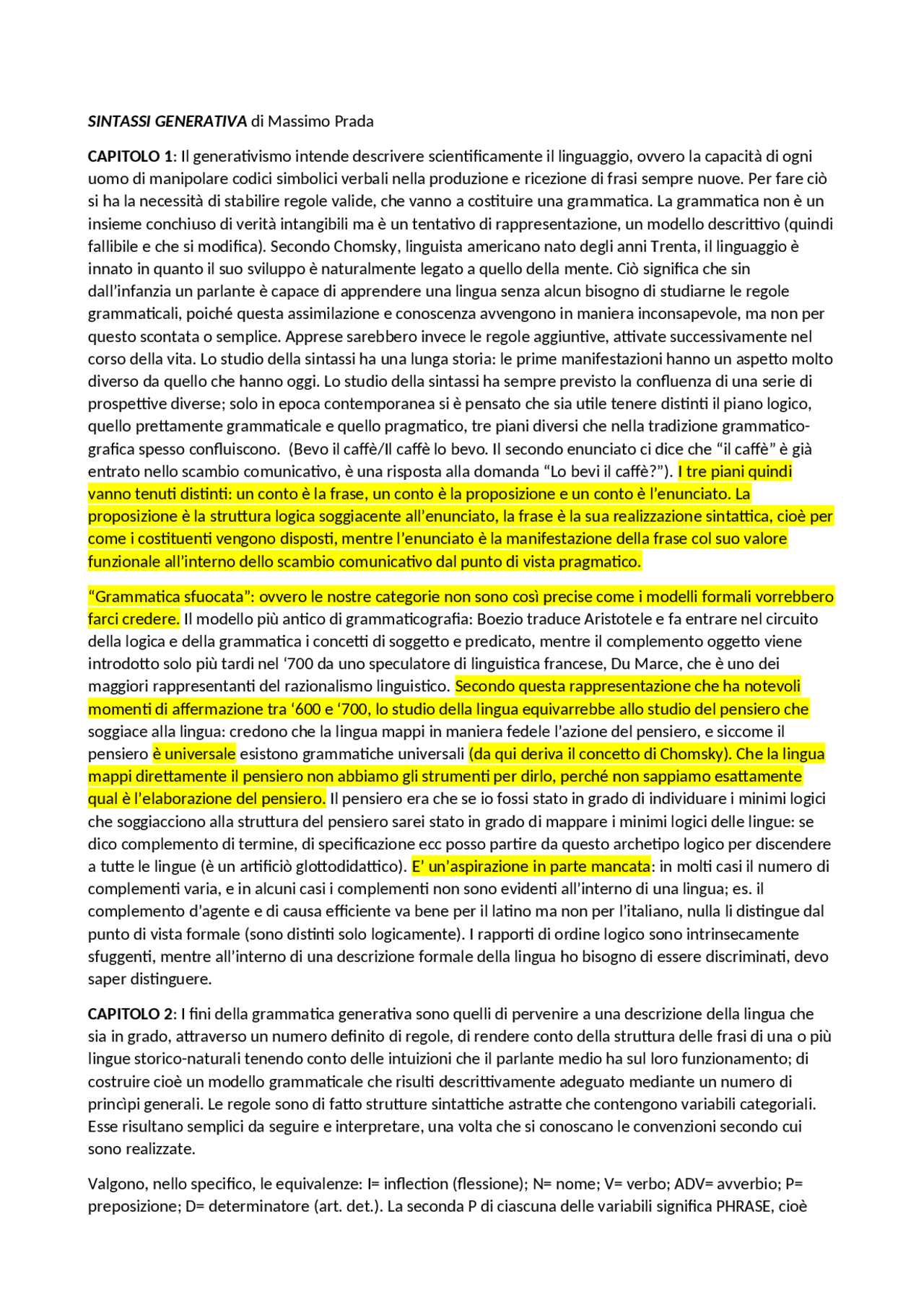 Sintassi Generativa Di Massimo Prada Docsity