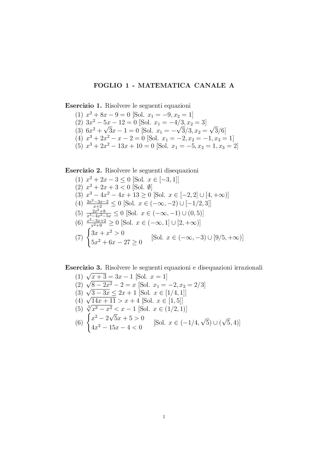 Esercizi Matematica Canale A Esame Docsity