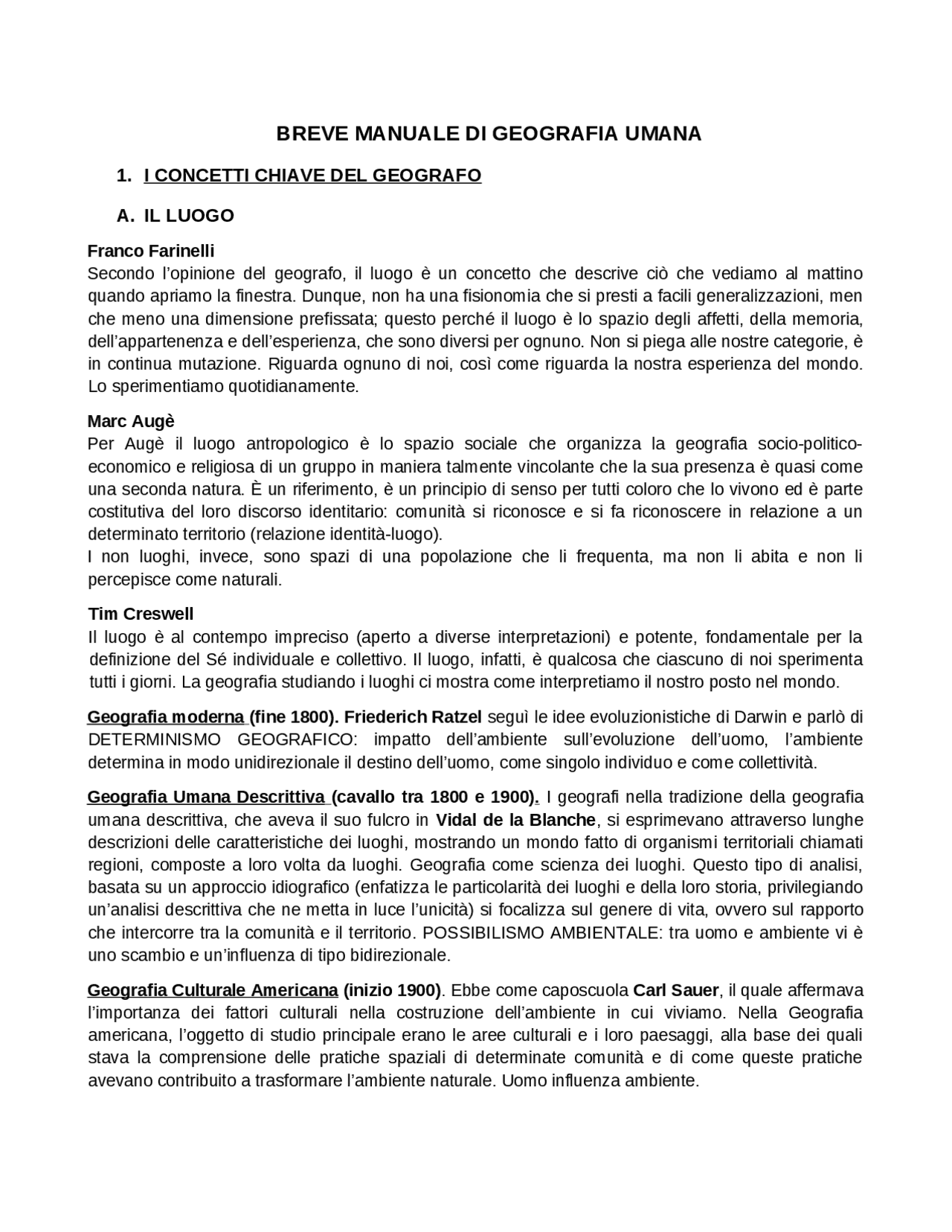 Riassunto Breve Manuale Di Geografia Umana Docsity
