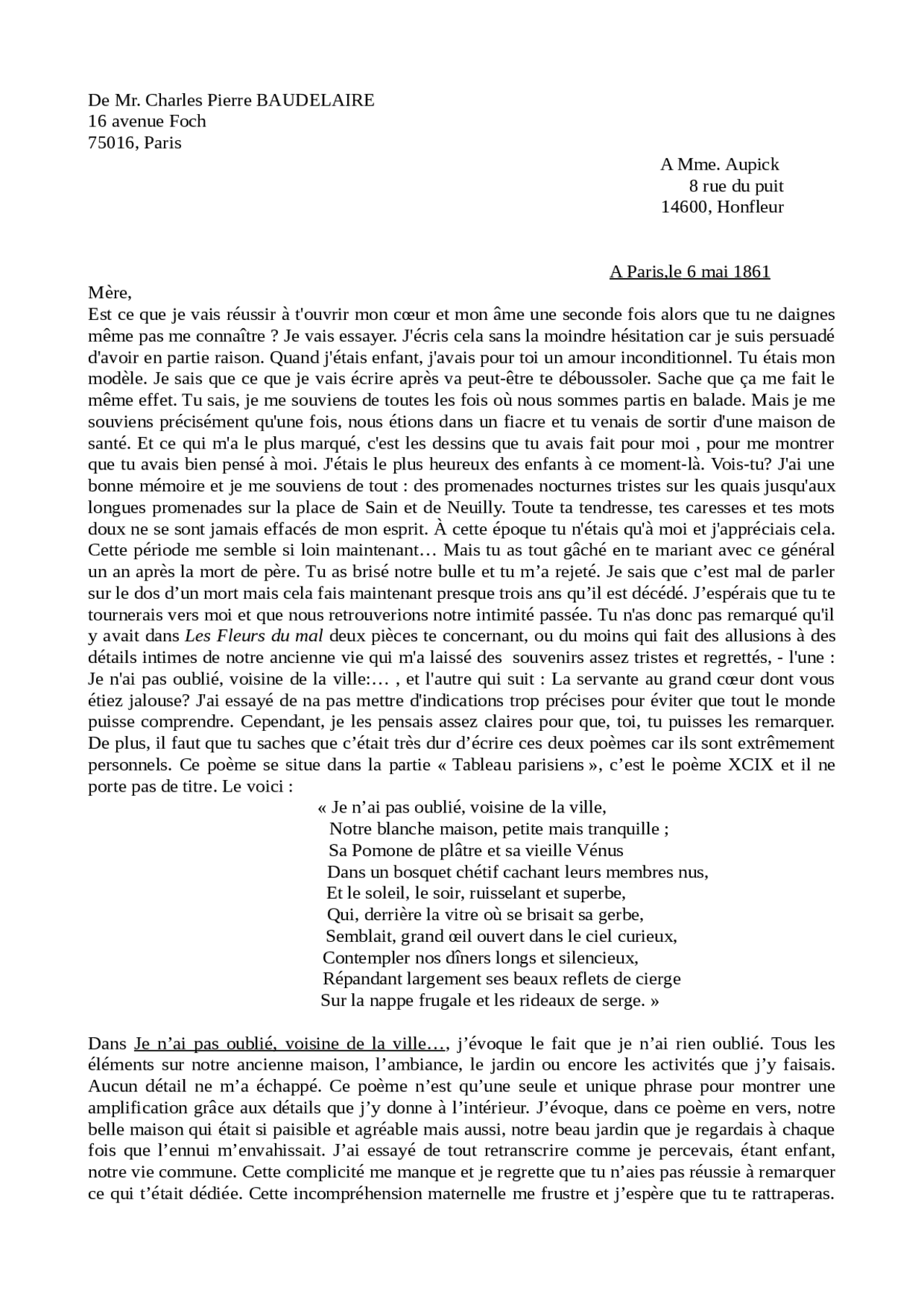 Lettre de CHARLES BAUDELAIRE après les FDM | Exercises French | Docsity