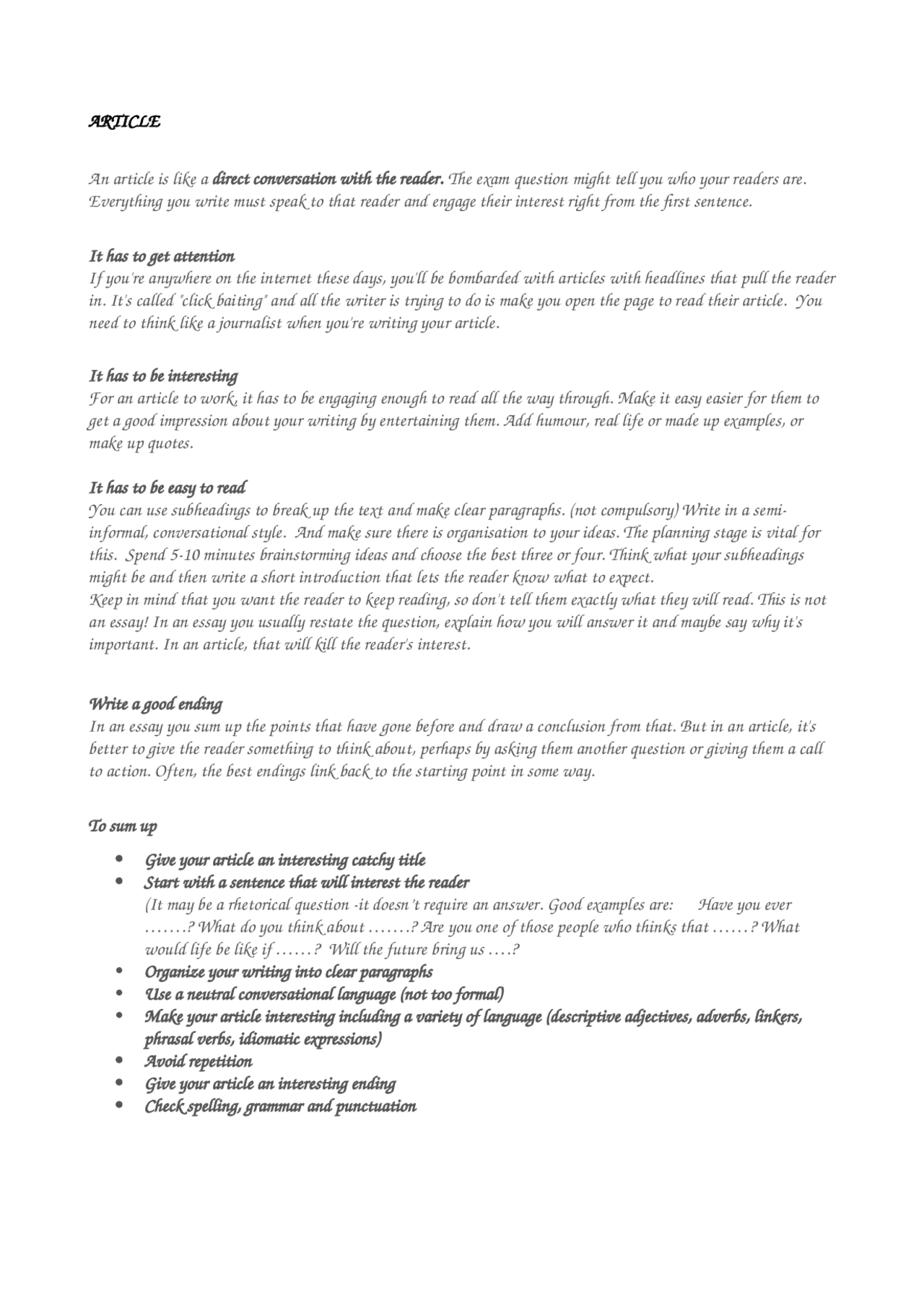 ARTICLE COME REALIZZARLO E TIPS - Docsity