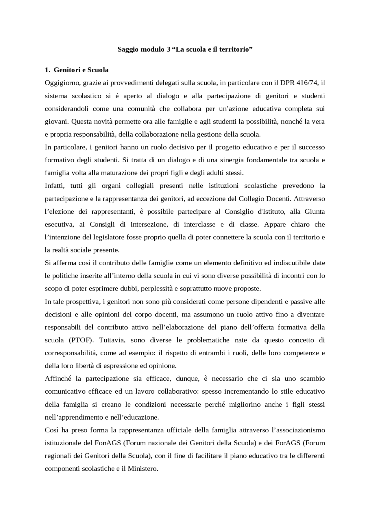 Saggio Modulo 3 La Scuola E Il Territorio Tesine Universitarie Di