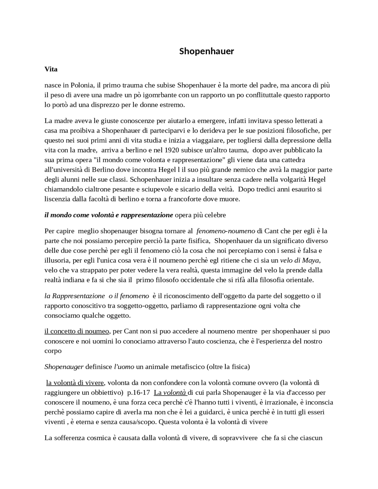 Schopenhauer Vita Opere Pensiero Docsity