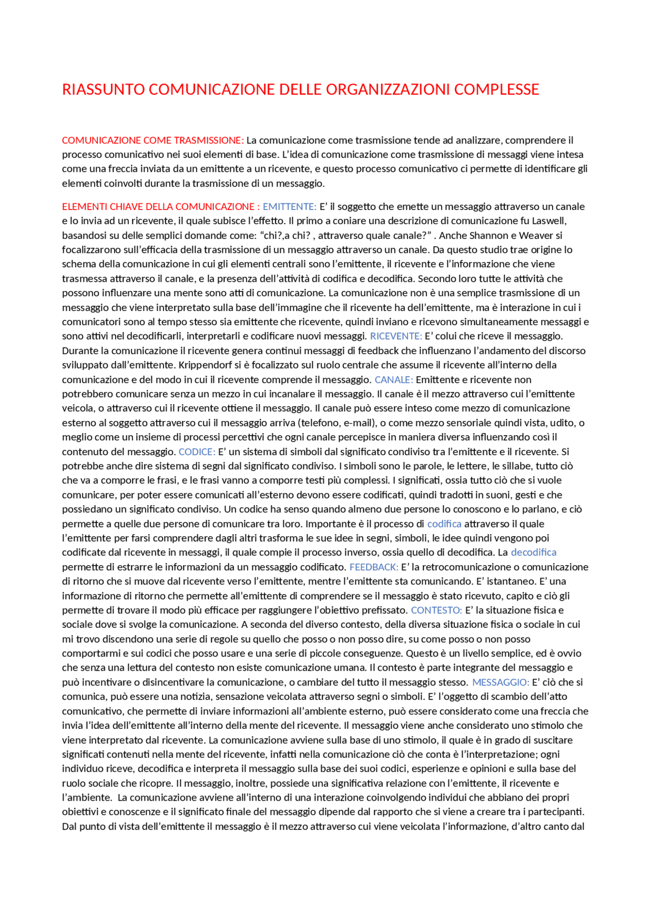 Riassunti Comunicazione Delle Organizzazioni Complesse Docsity