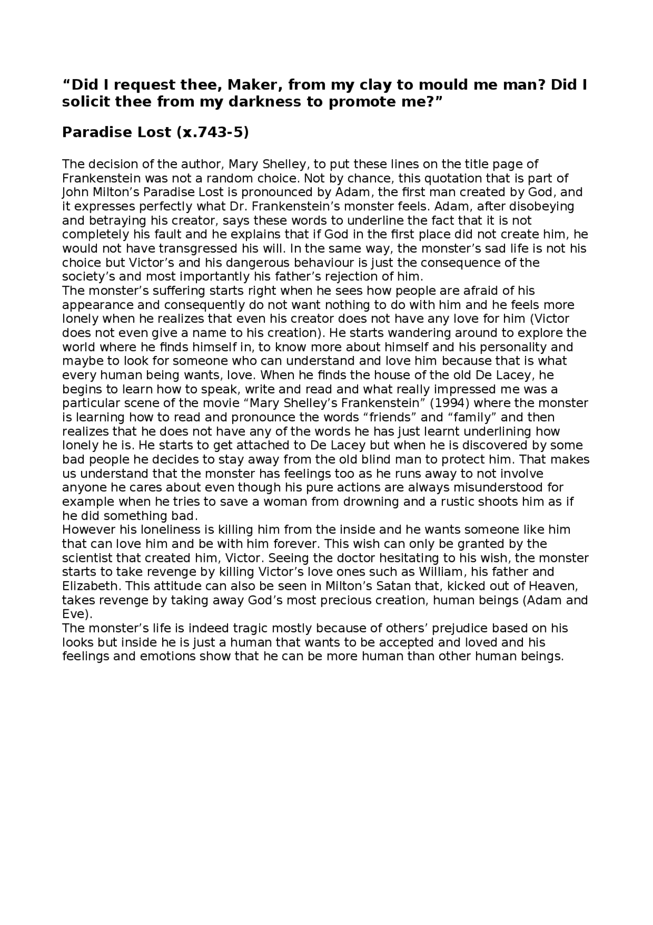 Mary Shelley's Frankenstein and John Milton's Paradise Lost - Docsity