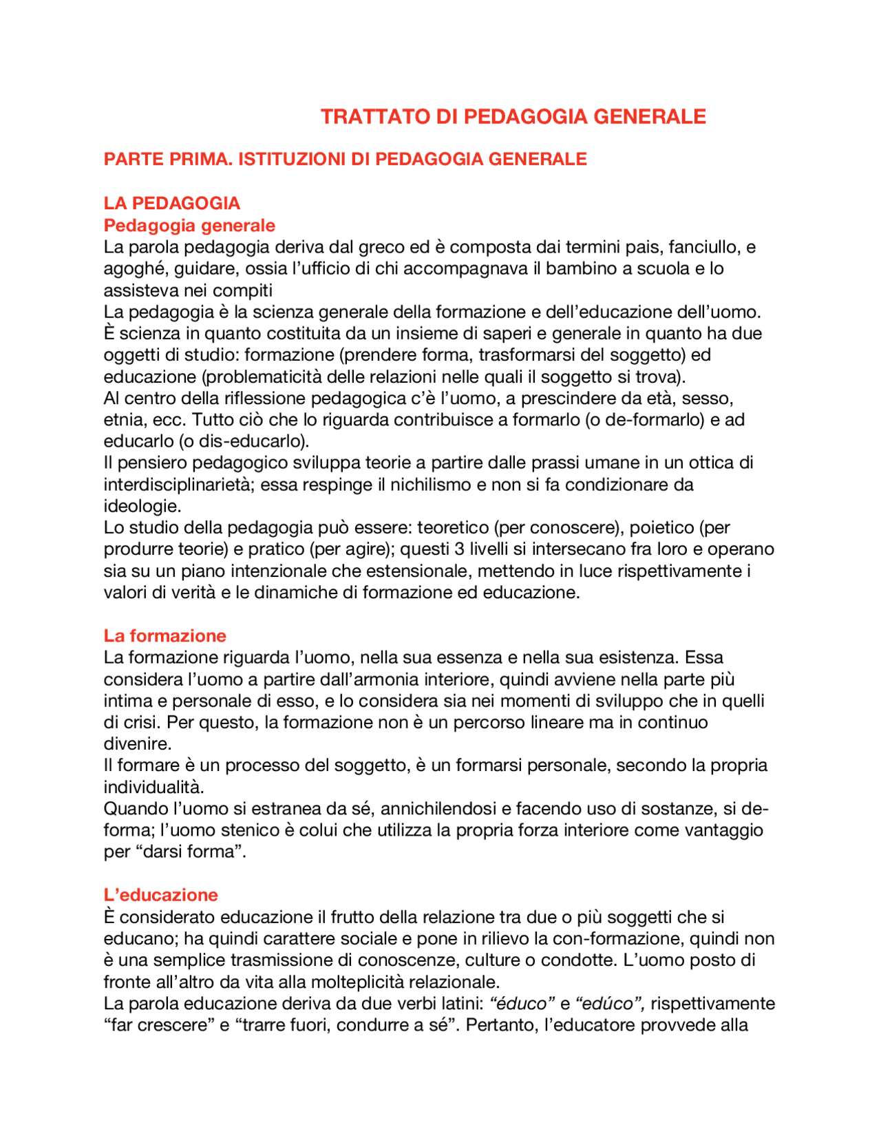 Riassunto Trattato Di Pedagogia Generale Gennari Docsity