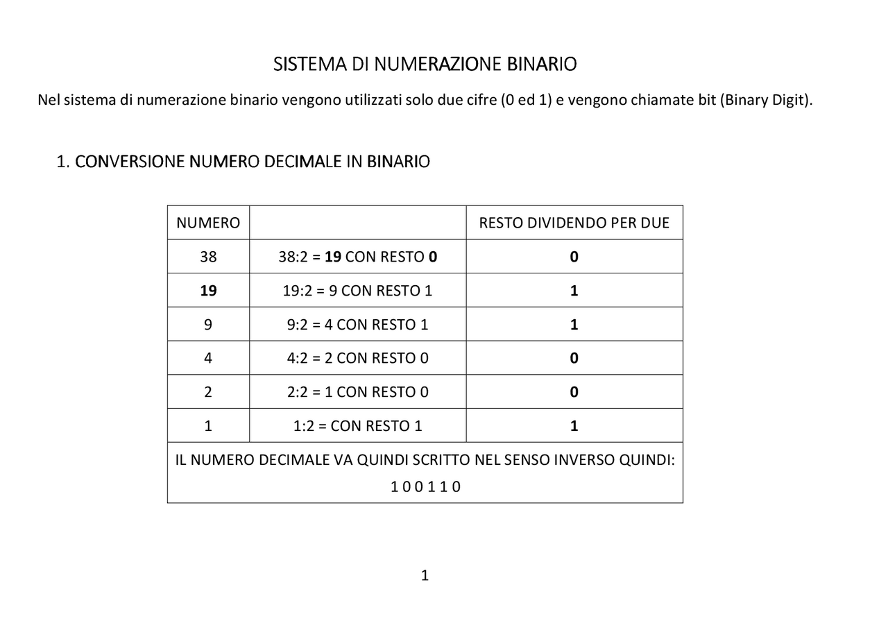 Sistei di numerazione binario - Docsity