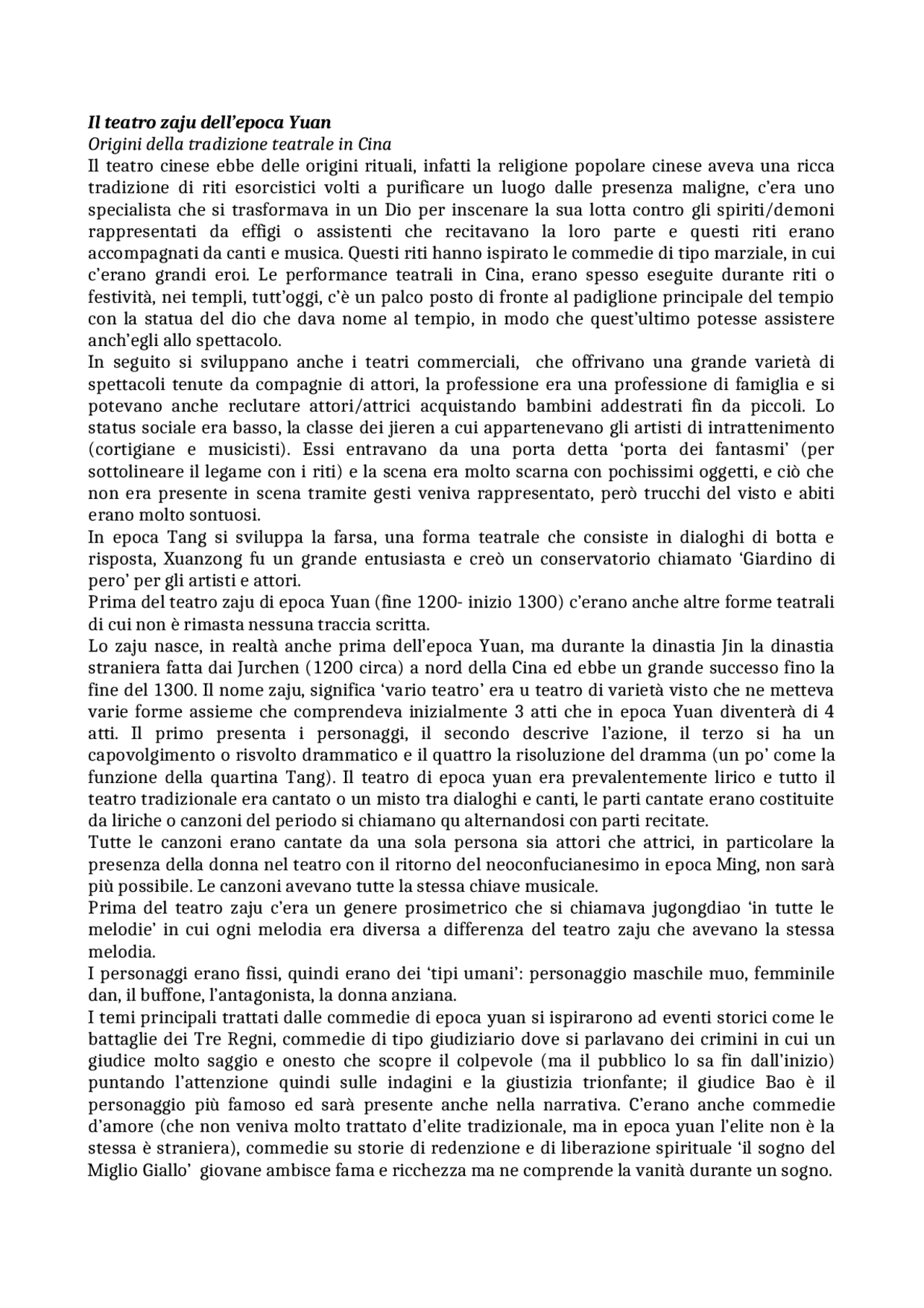 Il teatro zaju di epoca Yuan - Docsity
