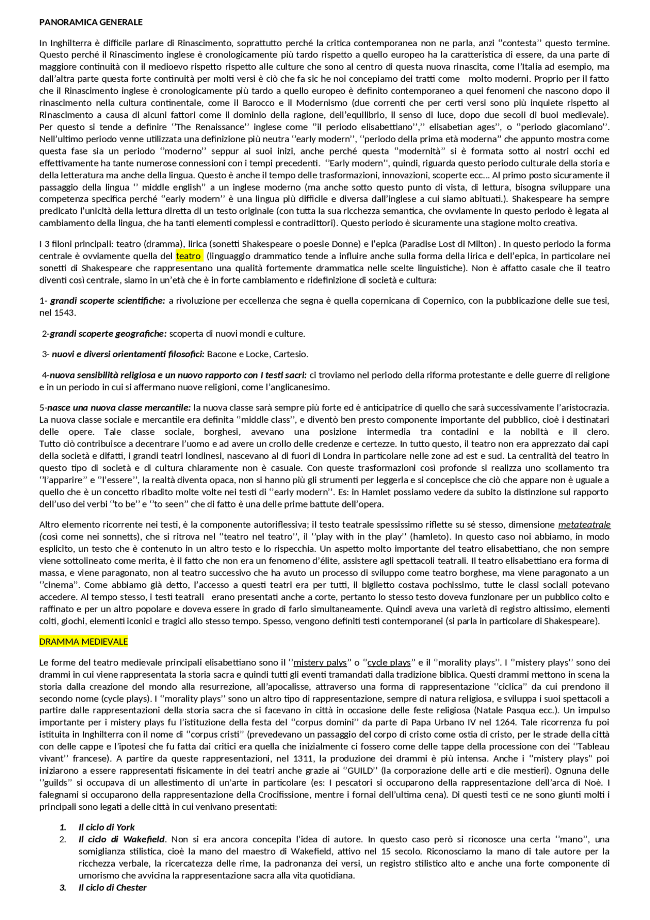 Letteratura Inglese Primo Semestre Shakespeare Docsity