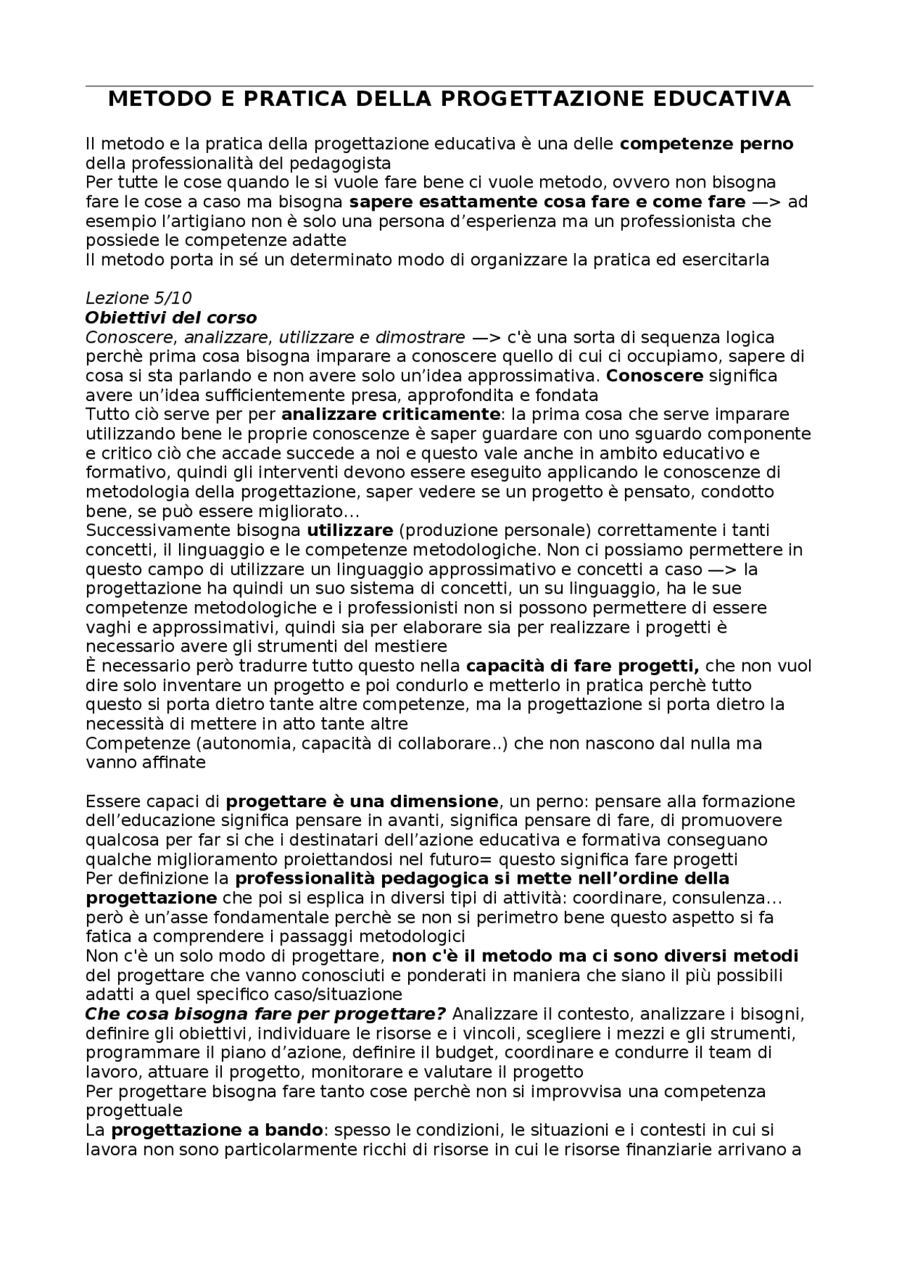 Metodo E Pratica Della Progettazione Educativa Docsity
