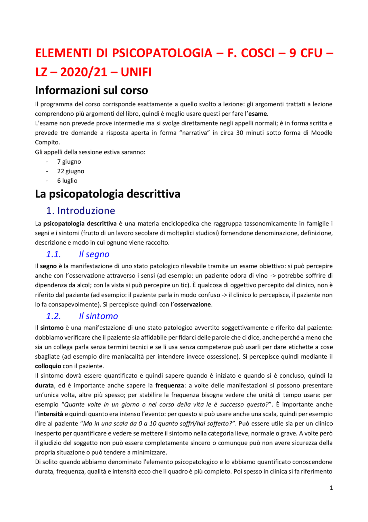 Appunti Slides Elementi Di Psicopatologia Prof Cosci Appunti Di