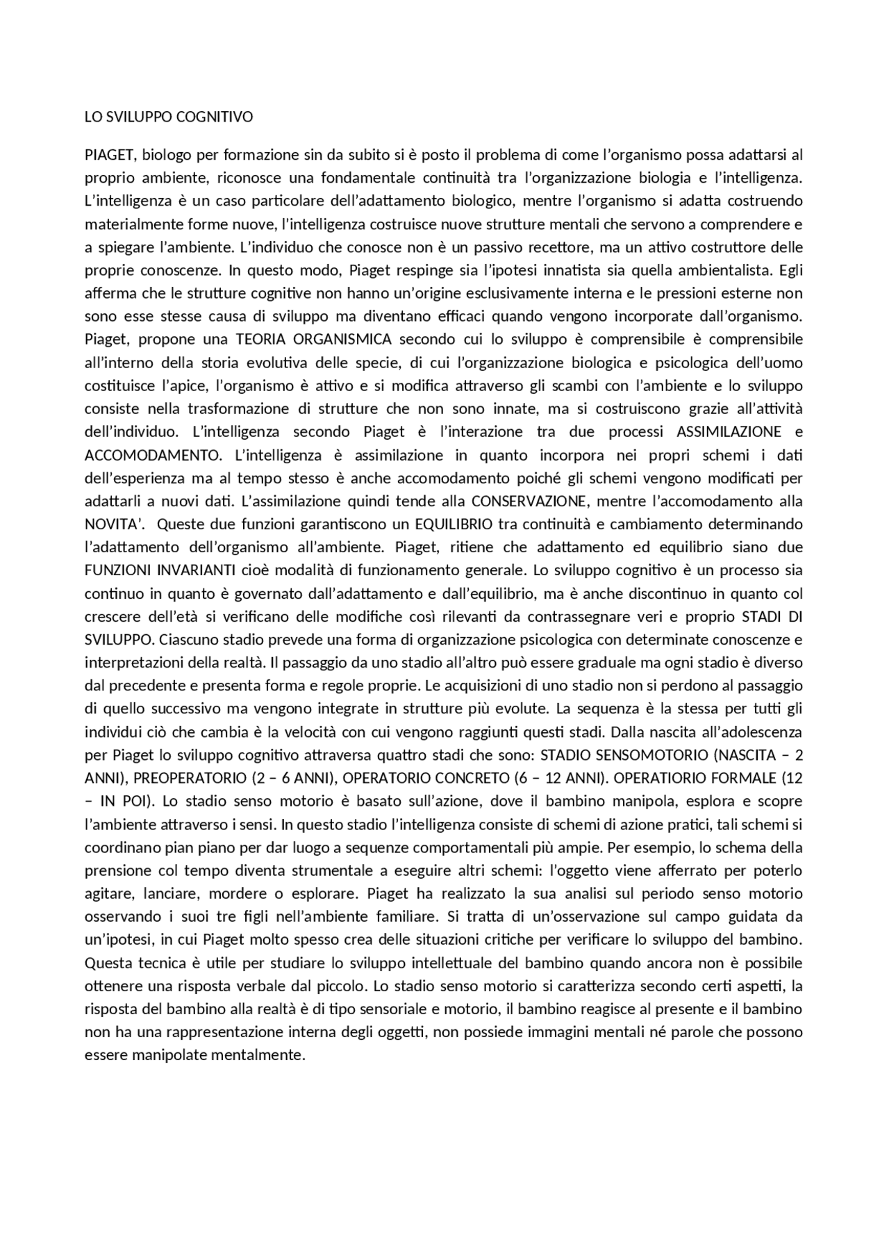 Lo Sviluppo Cognitivo Di Piaget Docsity