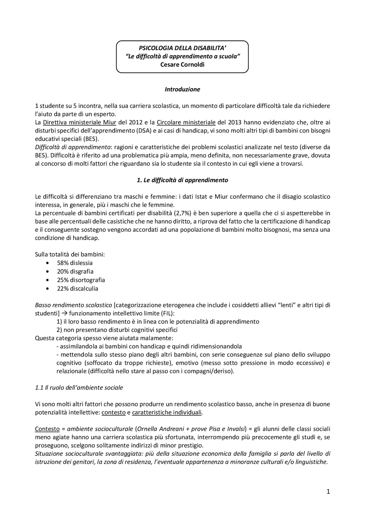 Le Difficoltà Di Apprendimento Docsity