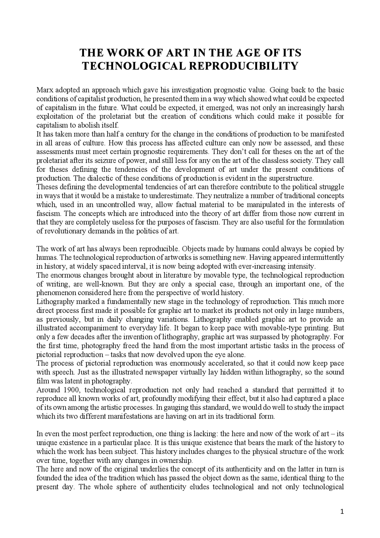 Riassunto Del Paper The Work Of Art In The Age Of Its Technological
