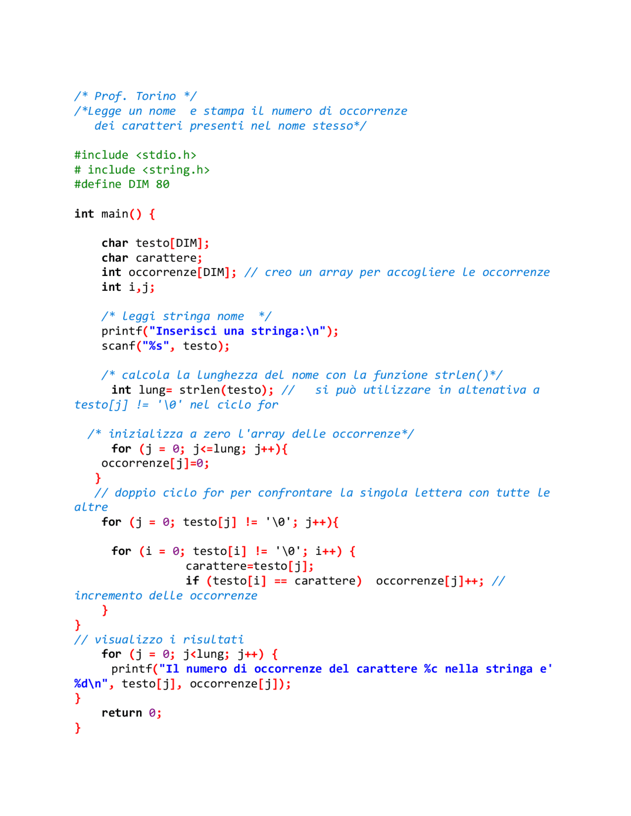 Programma C per calcolare le occorrenze dei caratteri in una stringa ...