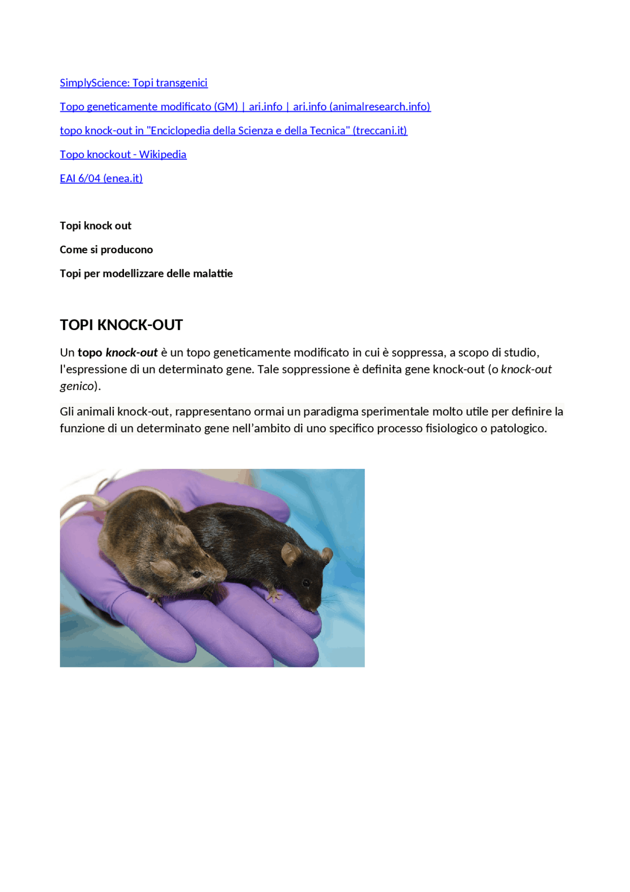 Appunti topi ko (knock out) - Docsity