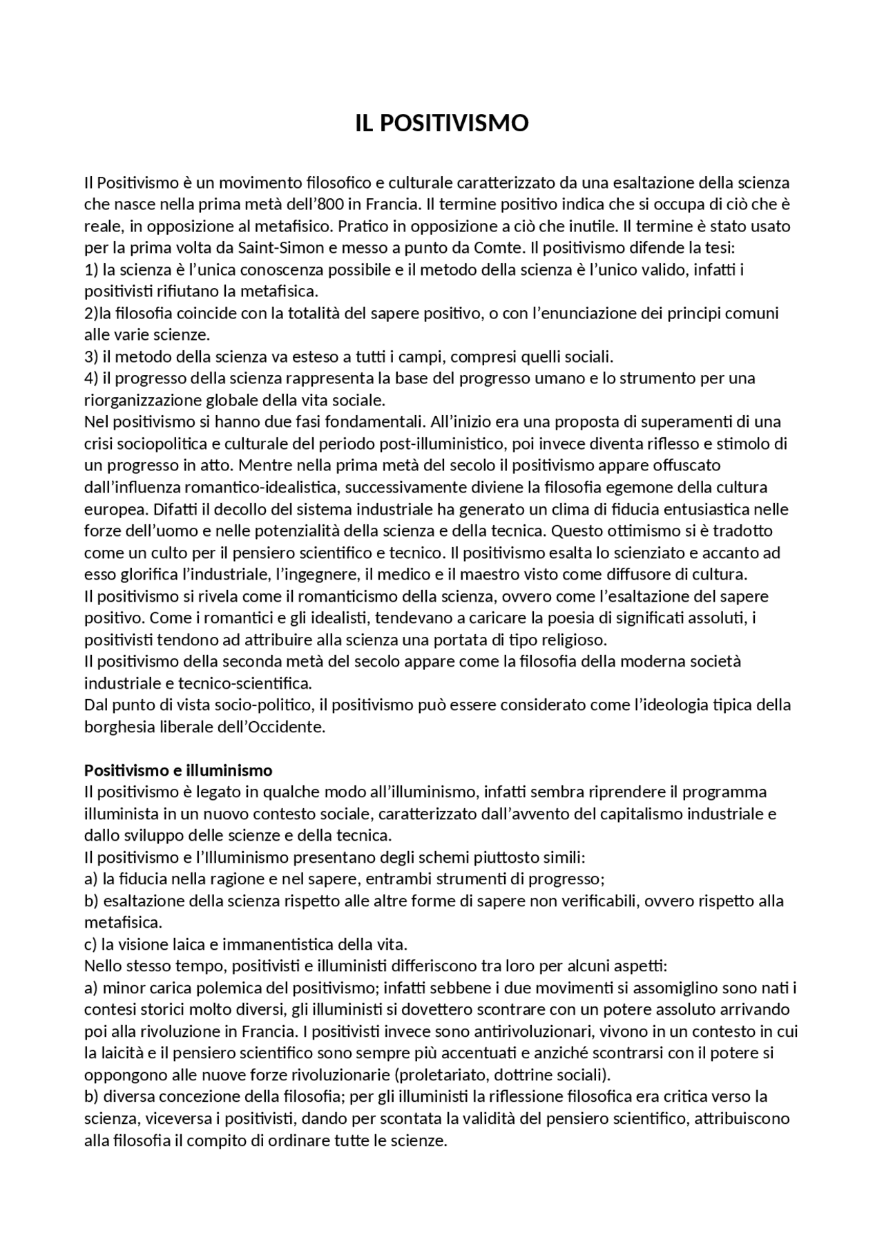 Riassunto Del Positivismo Docsity