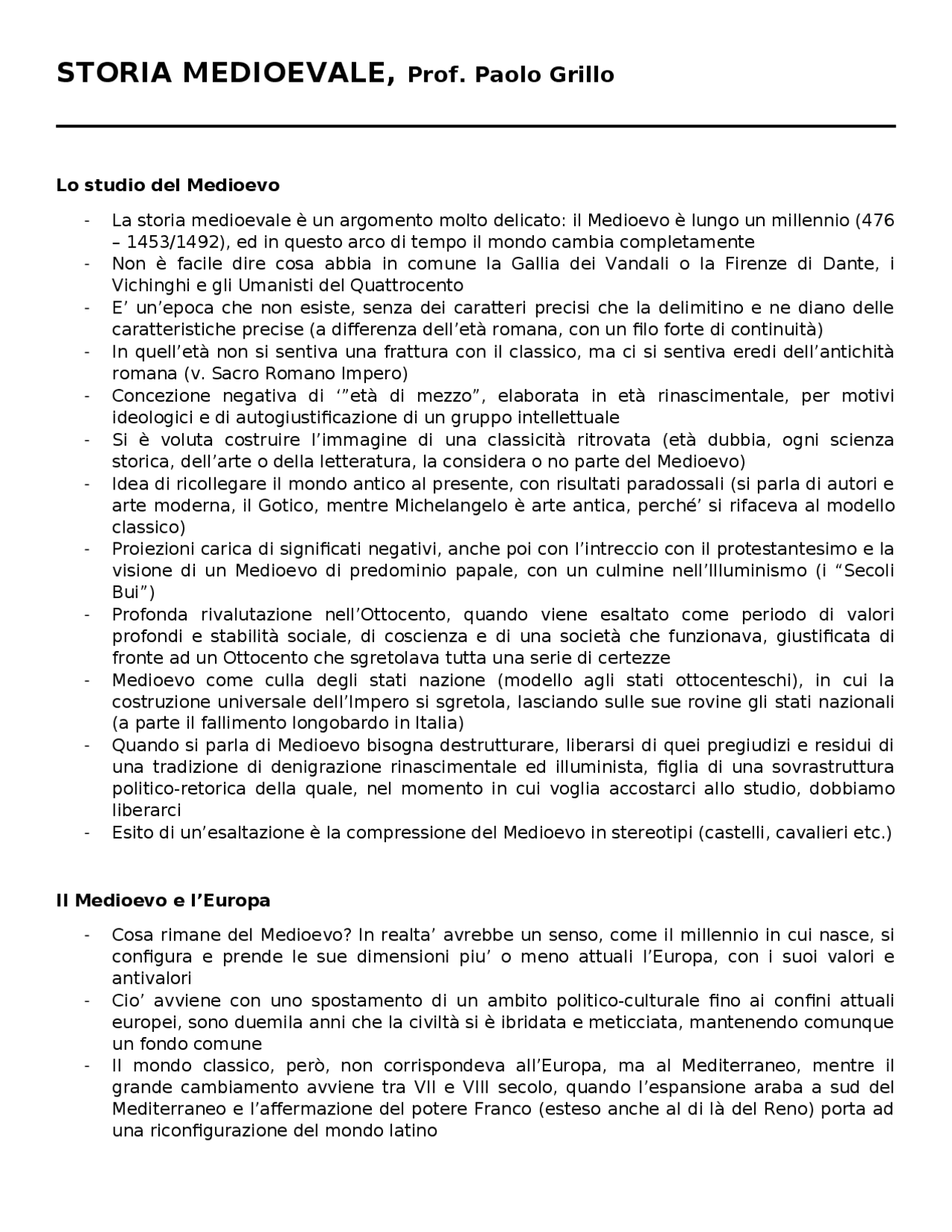 Storia Medievale I Modulo Docsity