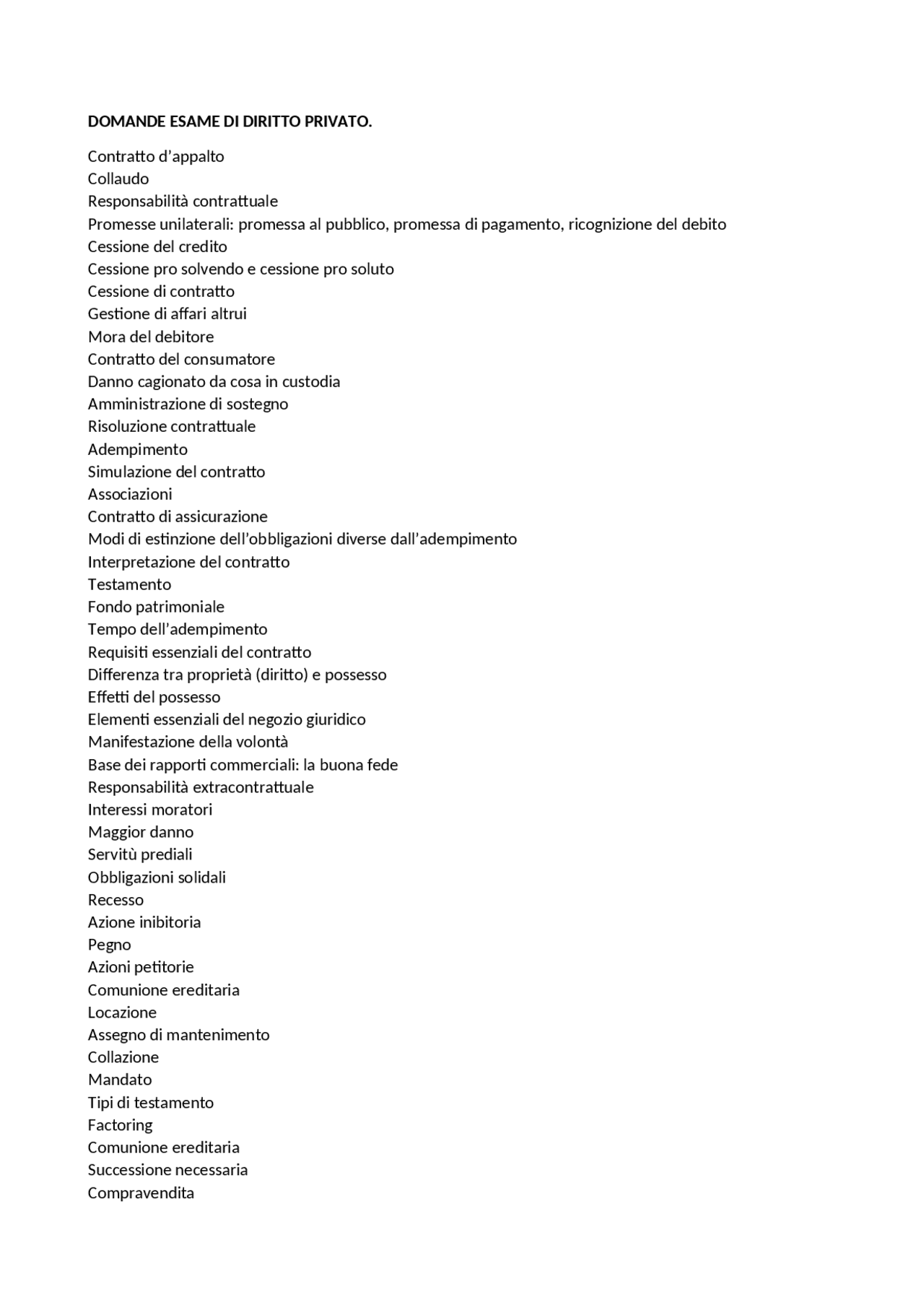 Domande Esame Diritto Privato Docsity