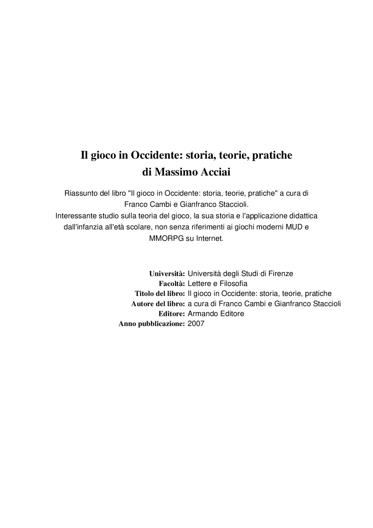 Il Gioco In Occidente Cambi Staccioli Docsity