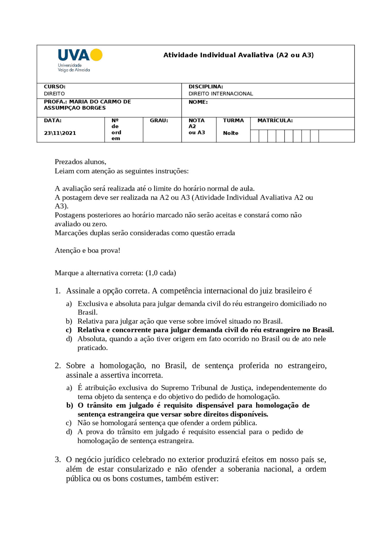 Prova Direito Internacional Docsity
